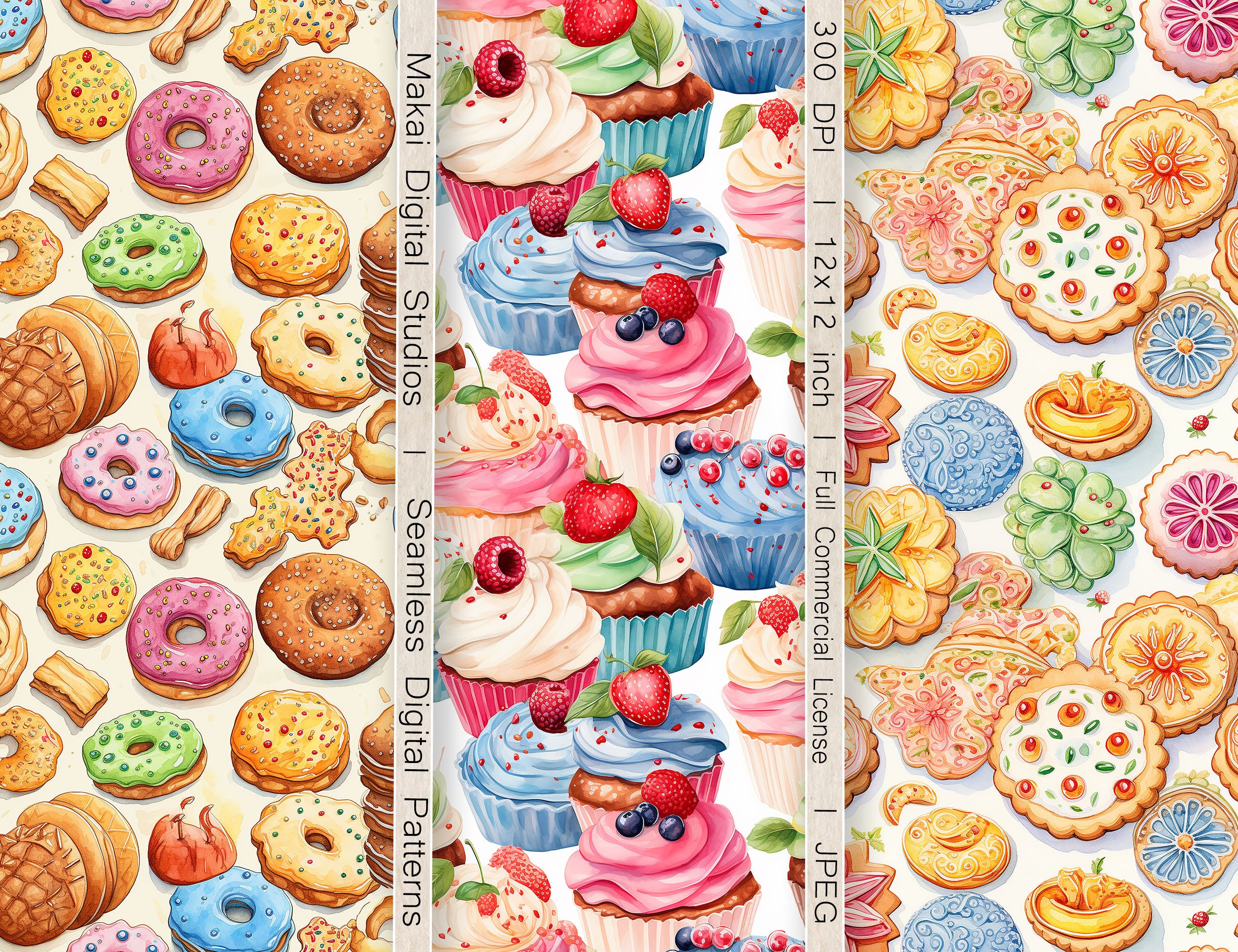 Watercolor Bakery Patterns, 12 Seamless Digital Patterns, Use for ...