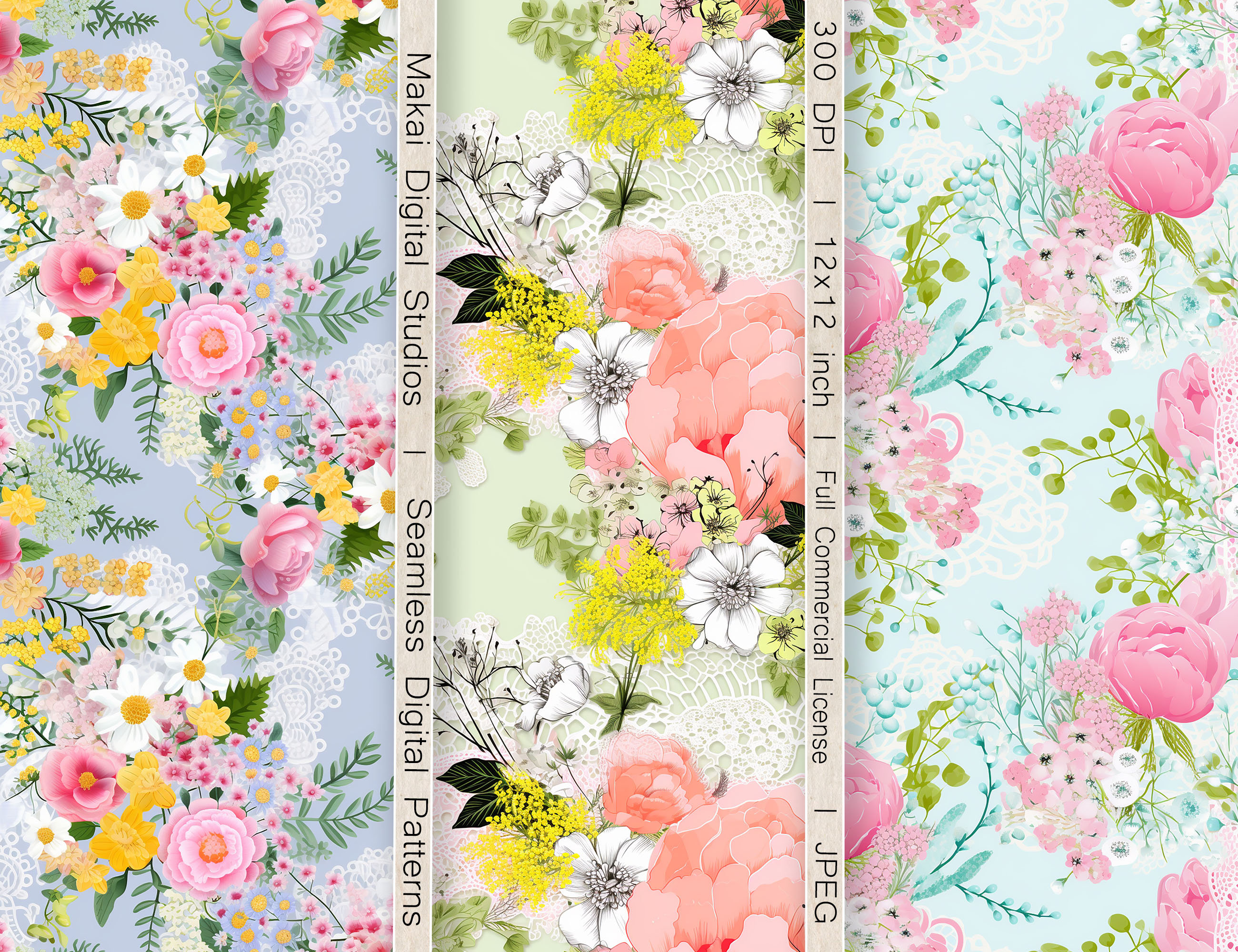 12 Seamless Digital Patterns, Spring Flower and Lace Bouquets, Use for ...