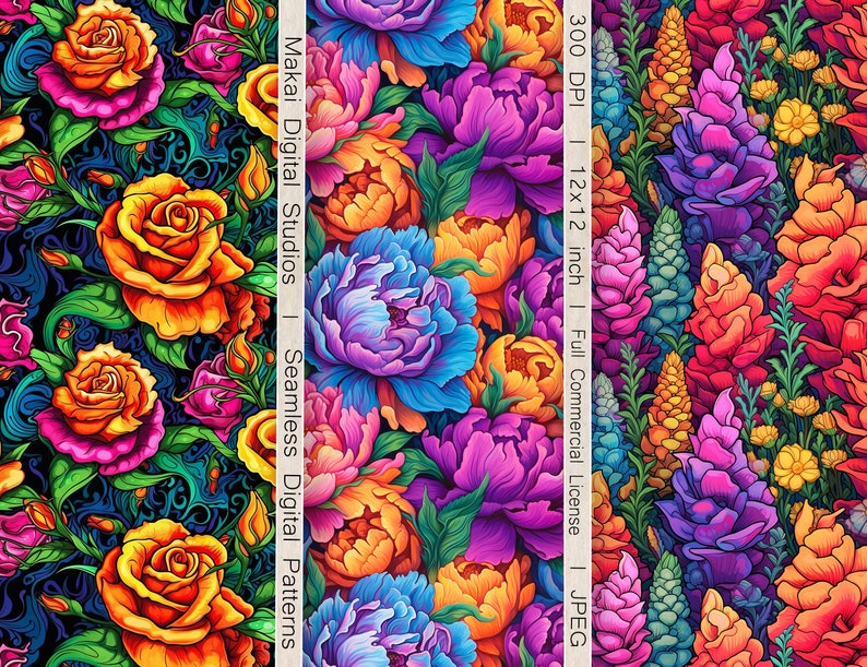 12 Seamless Digital Patterns Bright Rainbow Colored Flowers - Etsy
