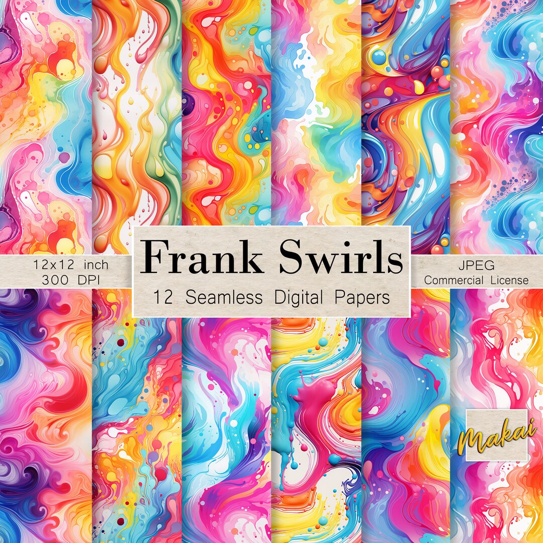 12 Digital Seamless Patterns, Swirls in 90s Colors, Use for Cards ...