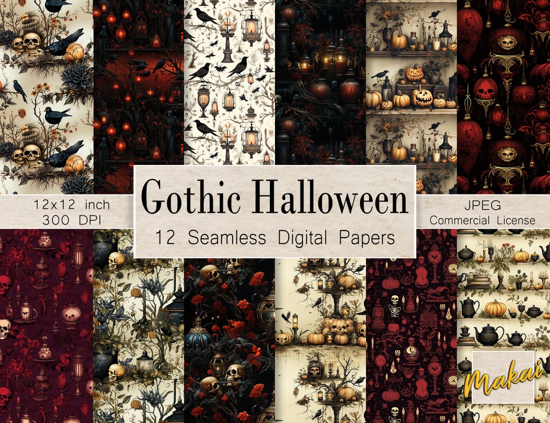 Gothic Halloween With Skulls and Pumpkins, 12 Seamless Digital Patterns ...