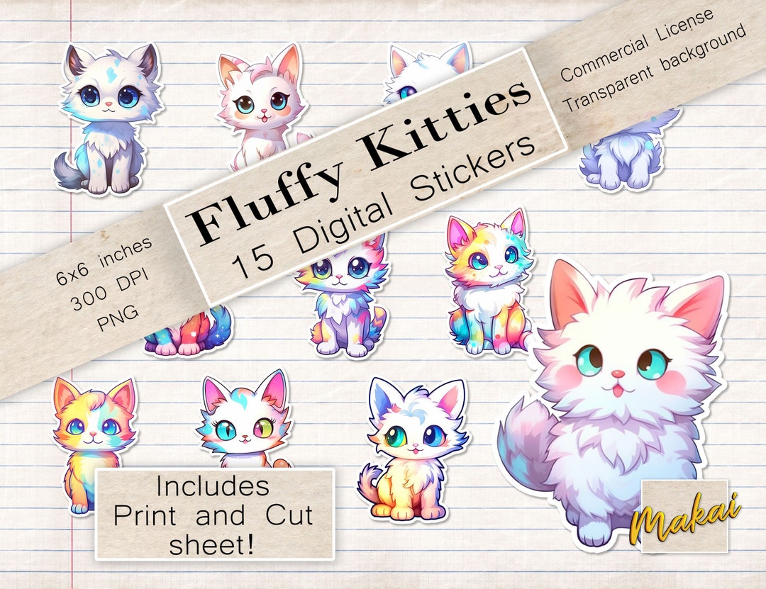 15 Printable Stickers, Instant Download, Cartoon Anime Cats, Digital ...