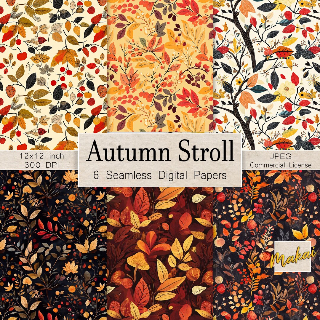 6 Digital Repeating Patterns, Fall Leaves, Autumn Wallpaper Background ...