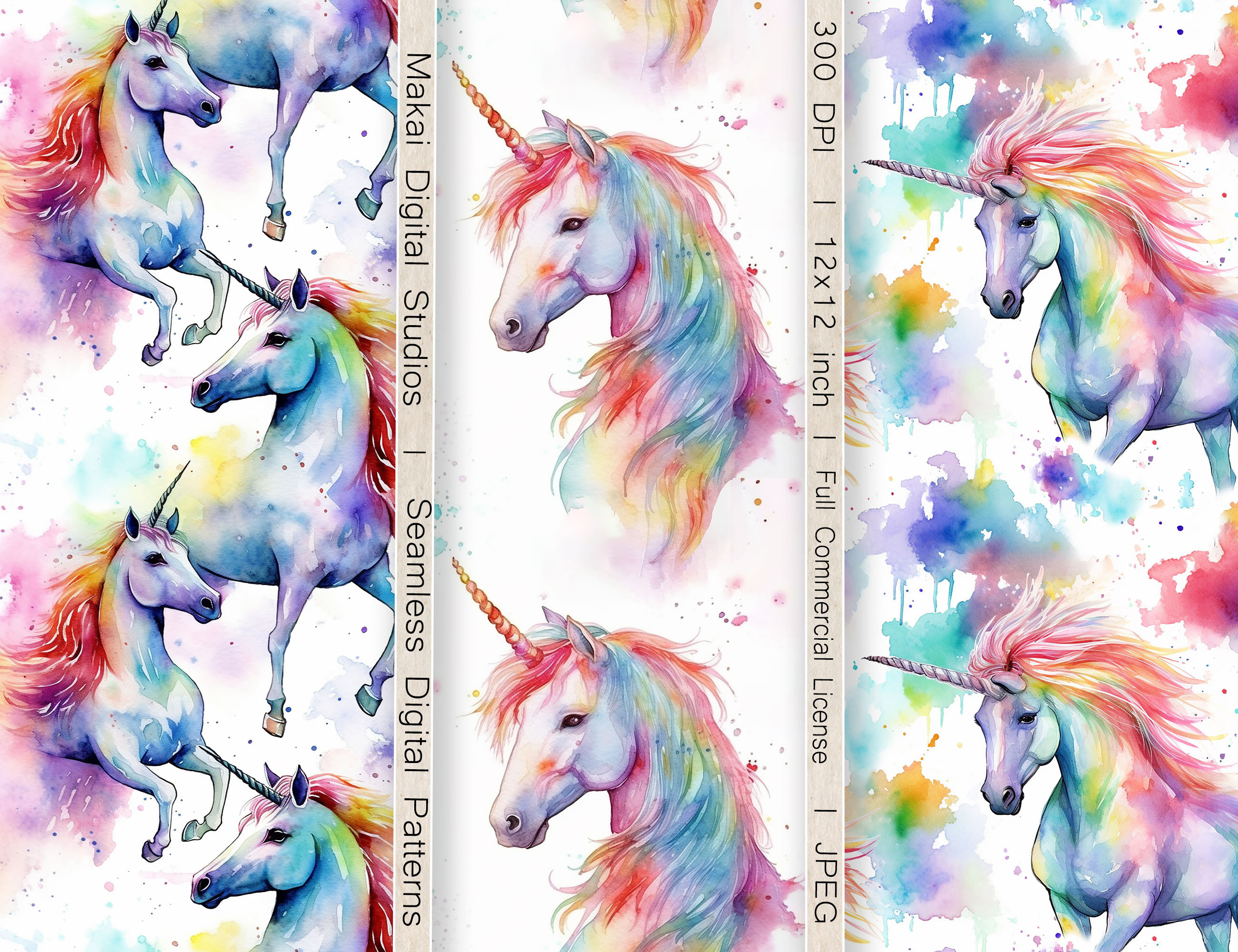 12 Seamless Digital Papers, Watercolor Rainbow Unicorns, for Journals ...