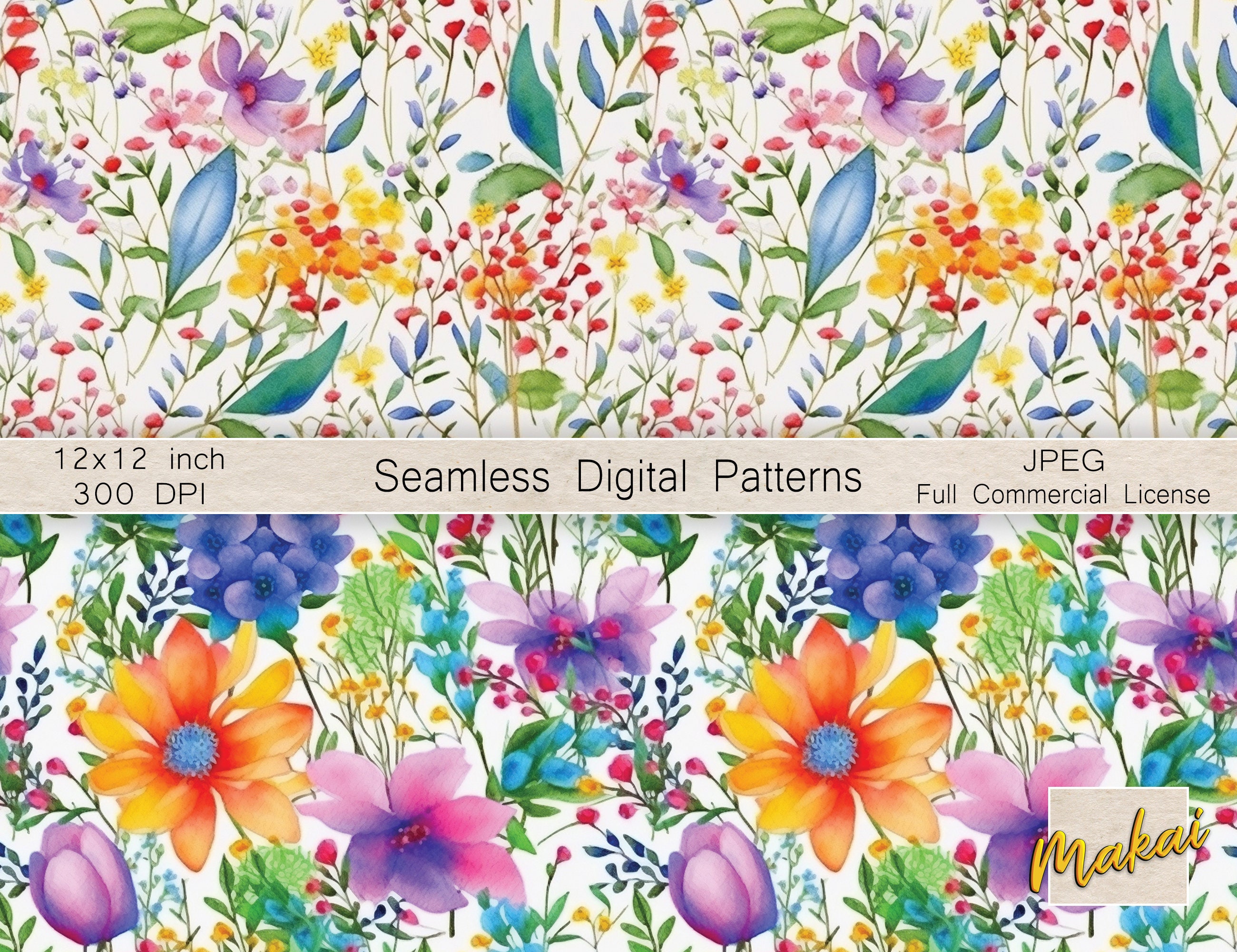 12 Seamless Digital Papers, Watercolor Summer Floral Patterns, Use for ...