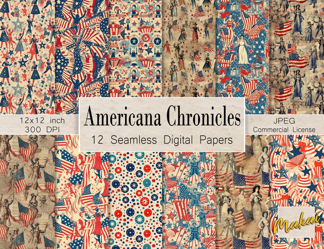 12 Seamless Digital Patterns, Vintage 4th of July Americana, Use for ...