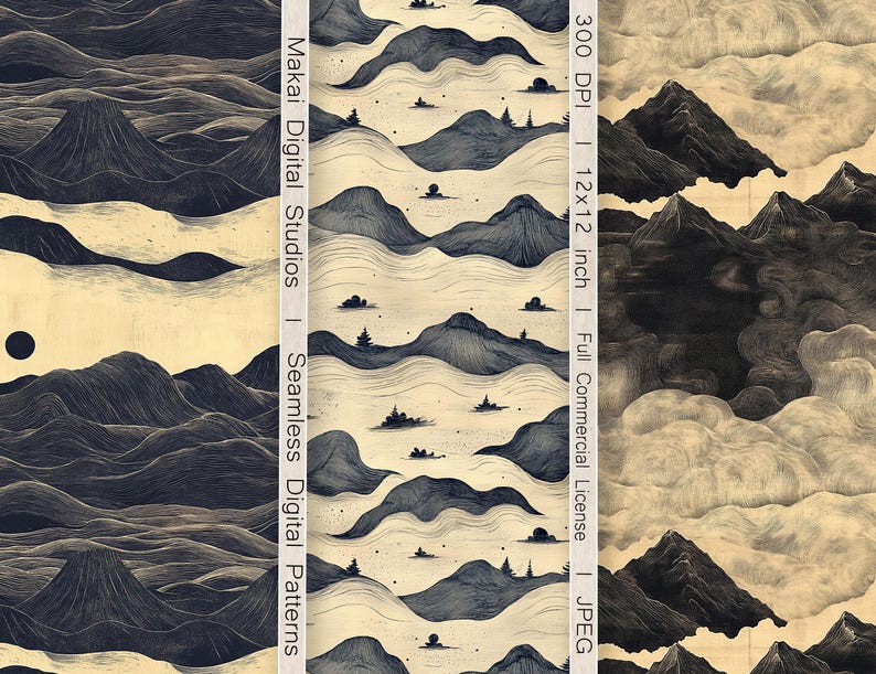 12 Moody Mountain Seamless Patterns: Japandi Celestial Landscape ...