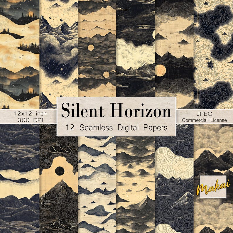 12 Moody Mountain Seamless Patterns: Japandi Celestial Landscape ...