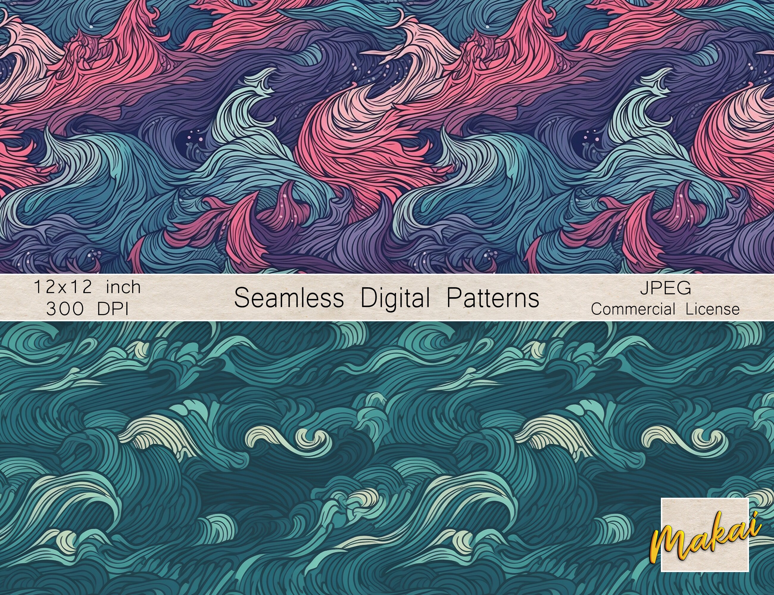 12 Seamless Digital Patterns, Summer Illustrated Ocean Wave Patterns ...