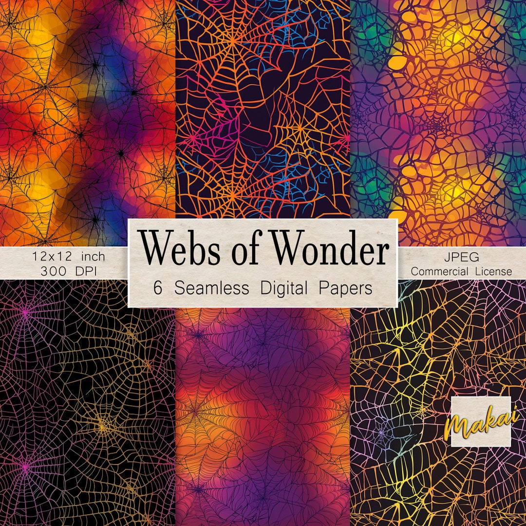 6 Digital Seamless Patterns, Magic Halloween Rainbow Spider Webs, for ...