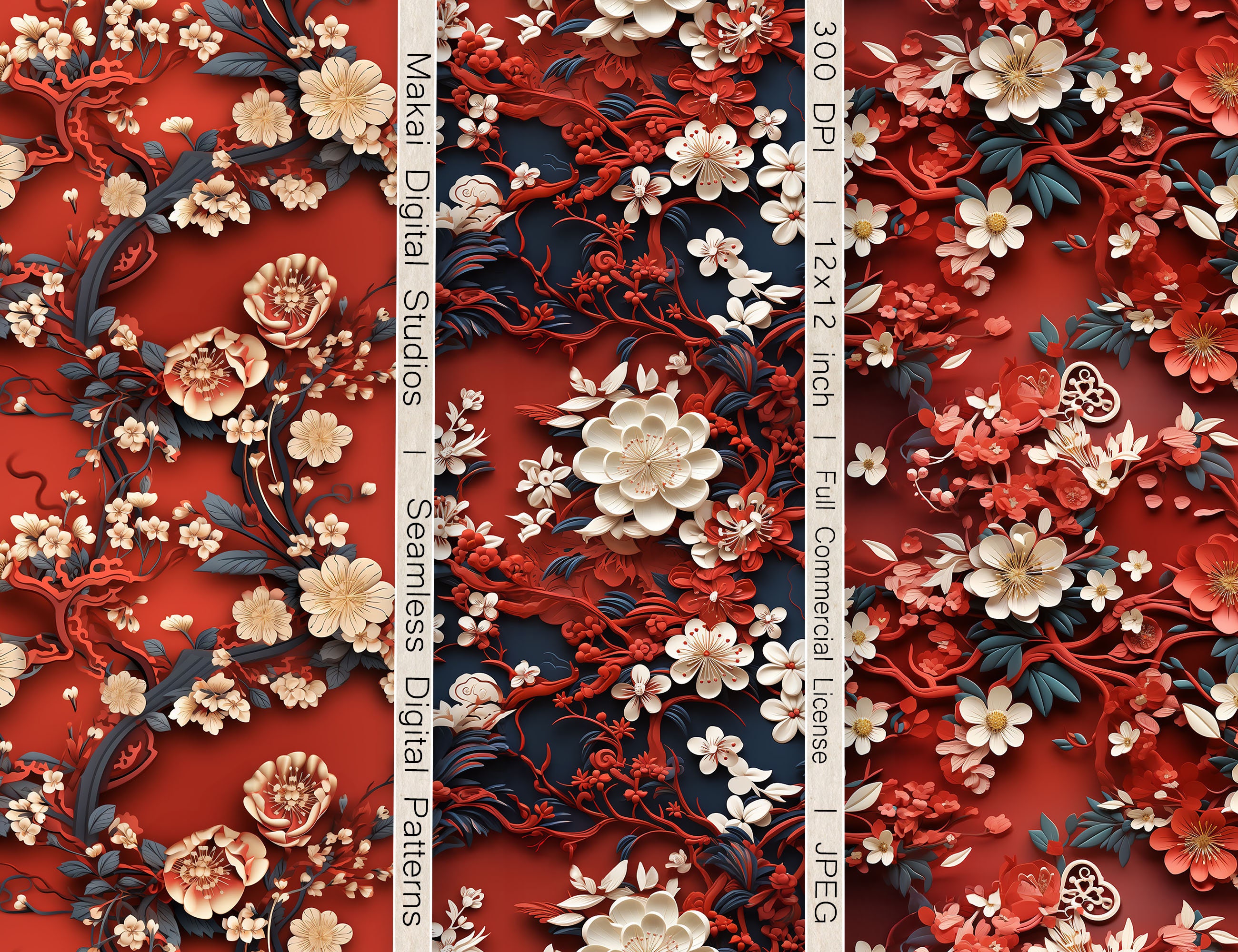 12 Seamless Digital Patterns, 3D CNY Chinese Flower Carvings, Use for ...