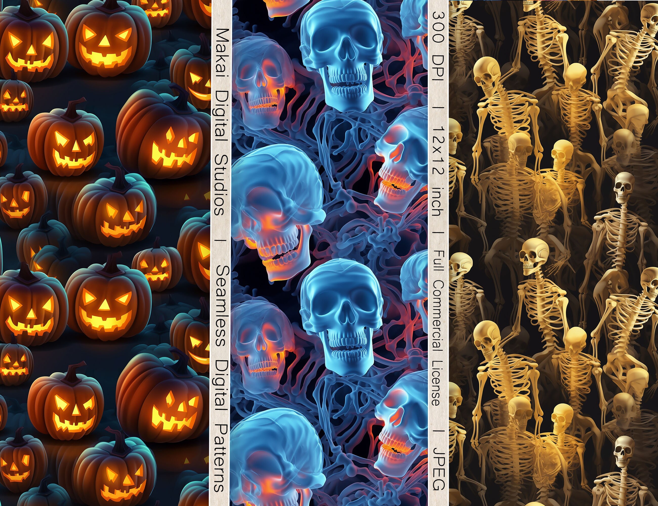 3D Scary Halloween Patterns, 12 Seamless Digital Patterns, for Social ...