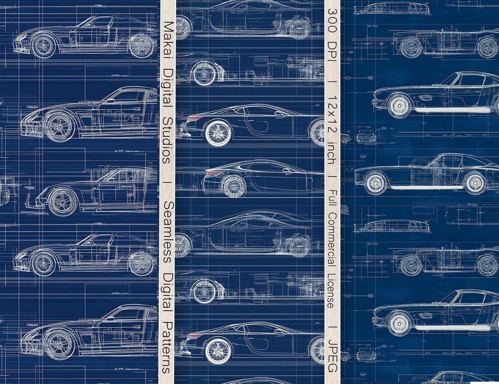 12 Classic Car Blueprint Pattern: Auto Seamless Digital Papers ...
