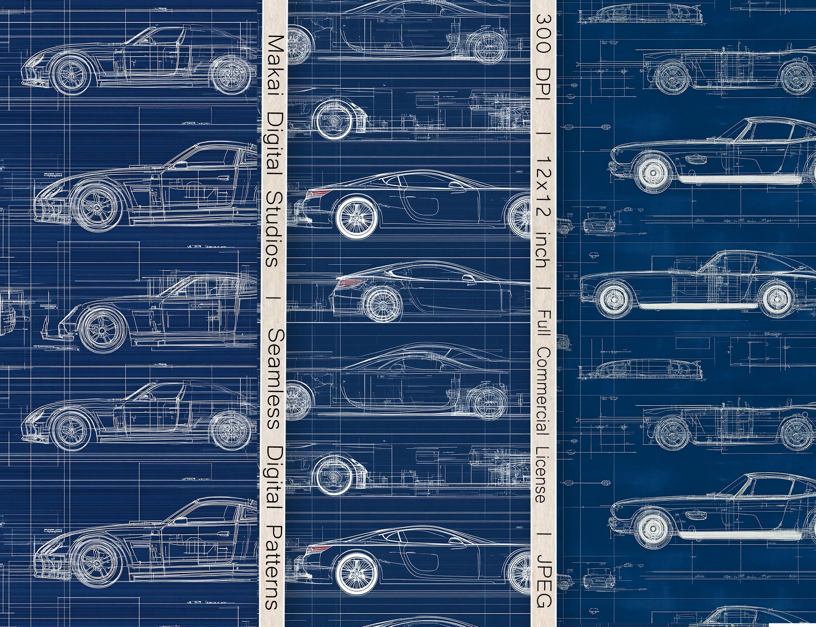12 Classic Car Blueprint Pattern: Auto Seamless Digital Papers ...