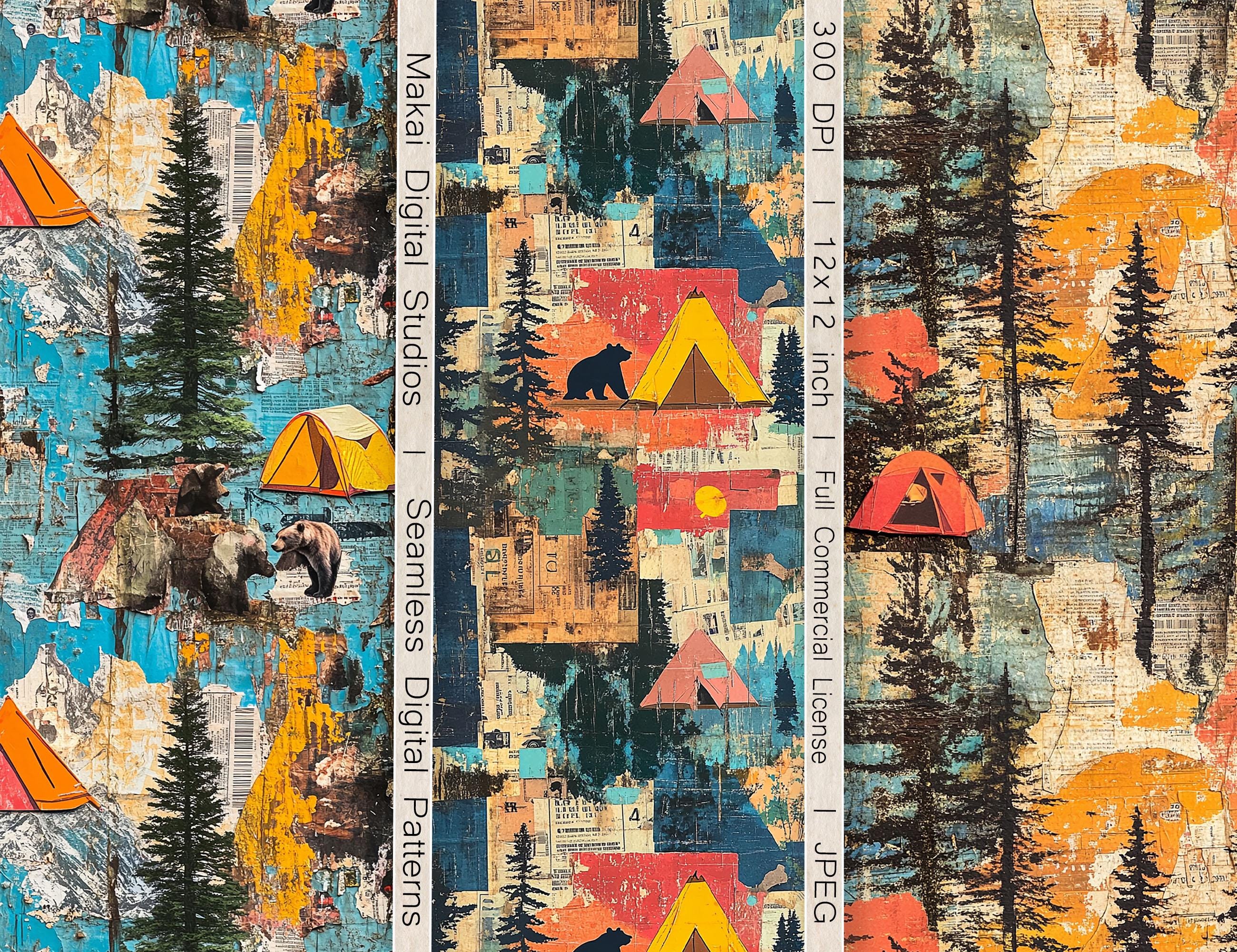 12 Camping Digital Paper, Rustic Background, Tent Camp Seamless Pattern ...