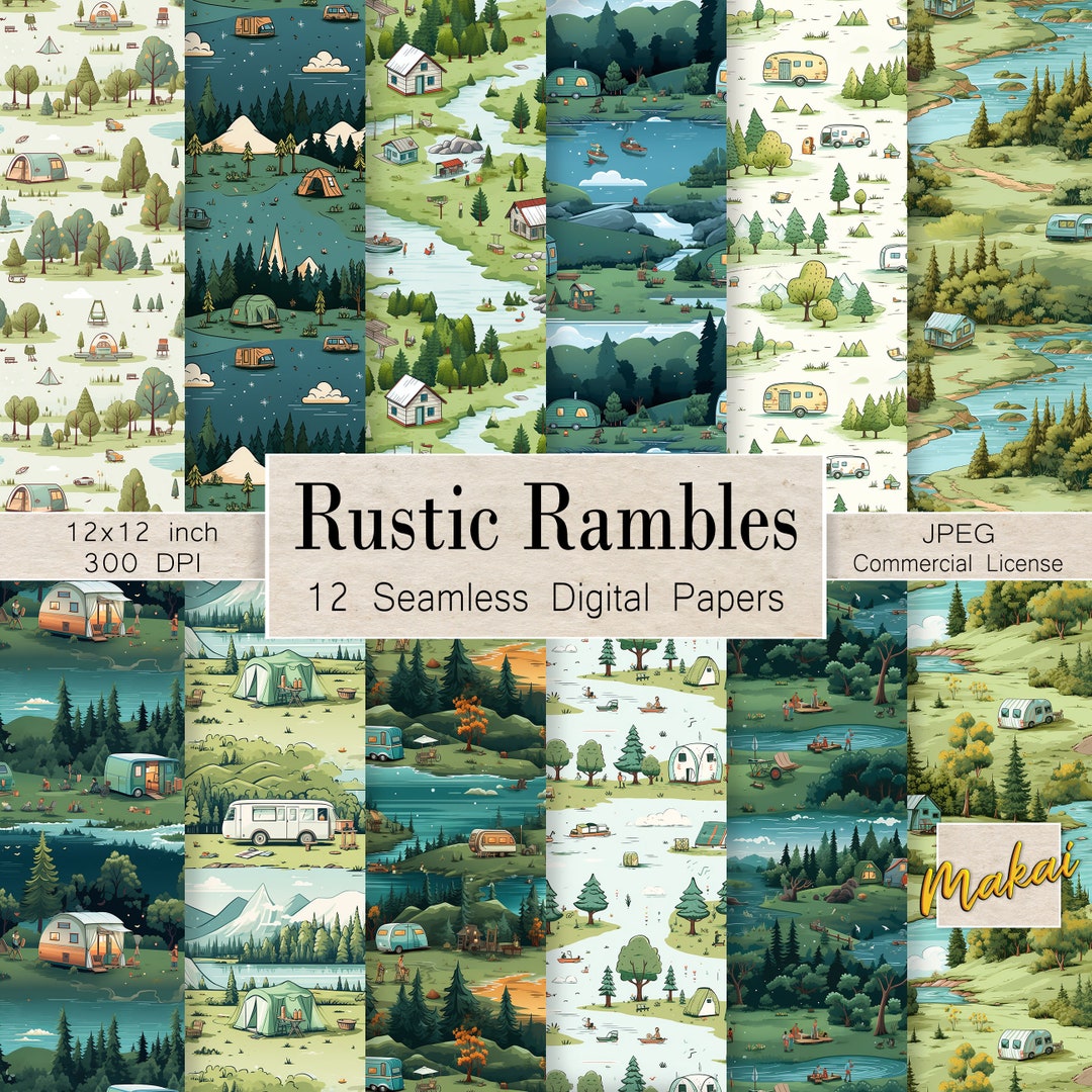 12 Digital Seamless Patterns, Graphics of Summer & Fall Camping, for ...