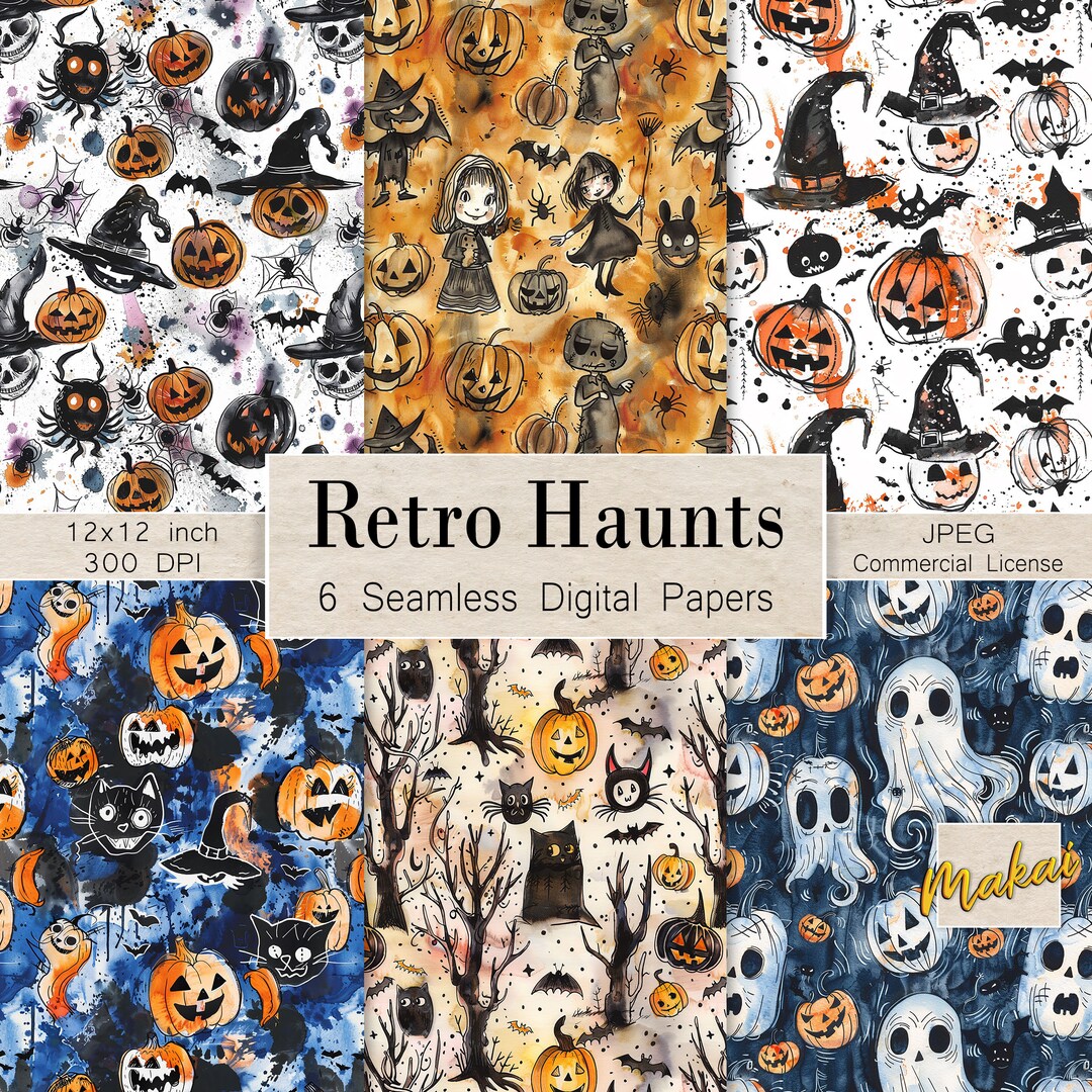 6 Digital Seamless Patterns, Vintage Halloween Watercolor Patterns, for ...