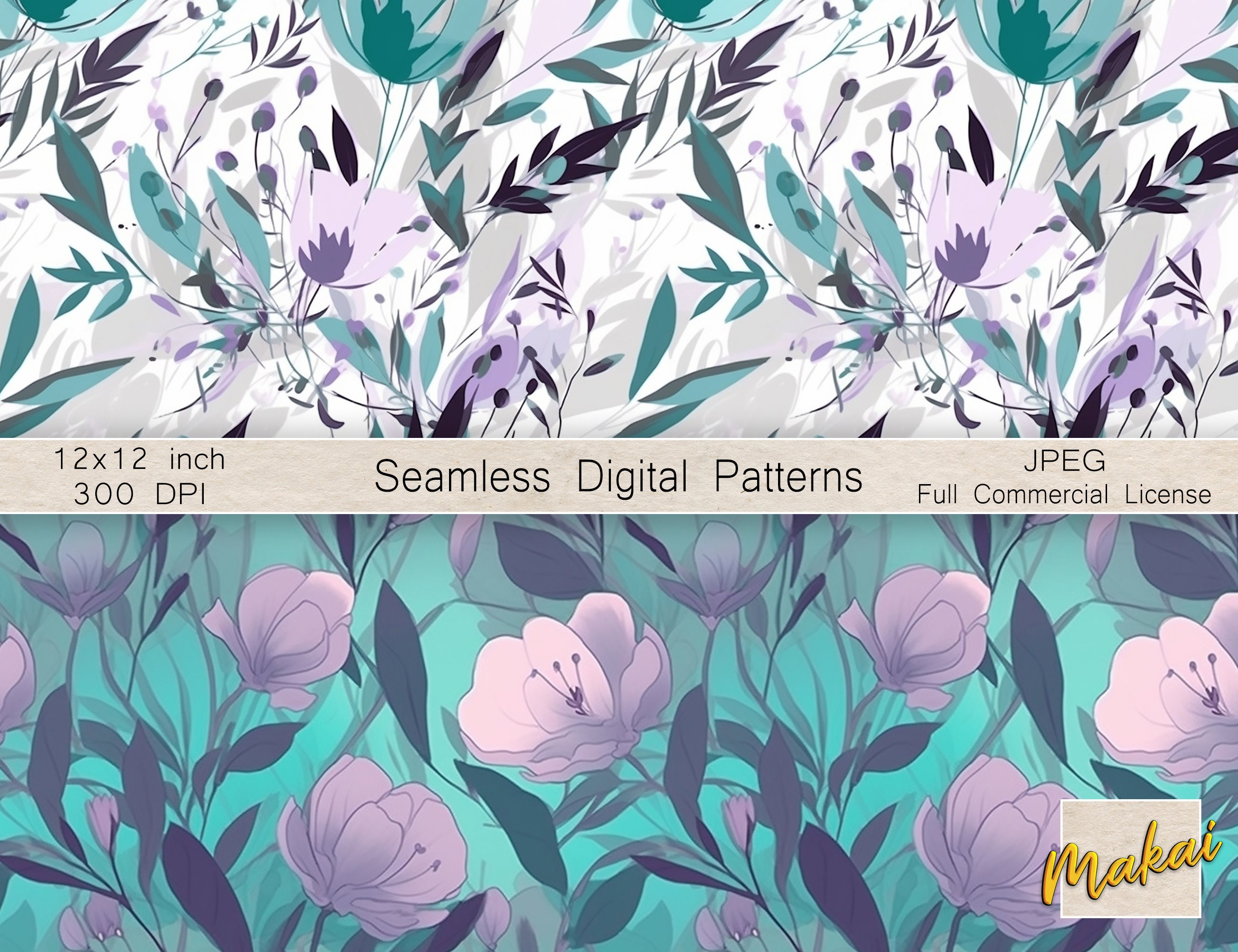 12 Seamless Digital Papers, Boho Teal and Purple Flowers, Use for Cards ...