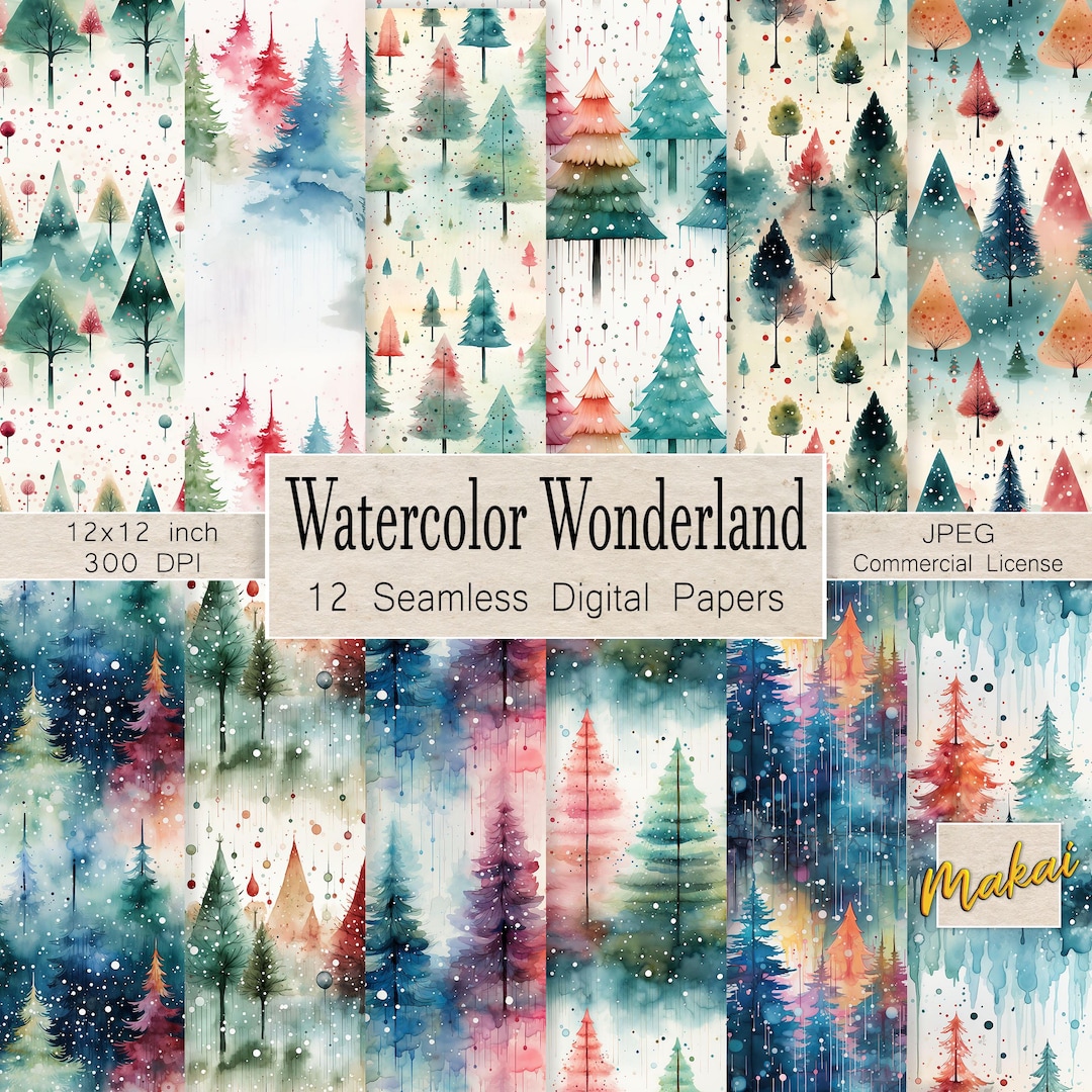 12 Digital Repeating Backgrounds, Rainbow Watercolor Evergreen Trees ...