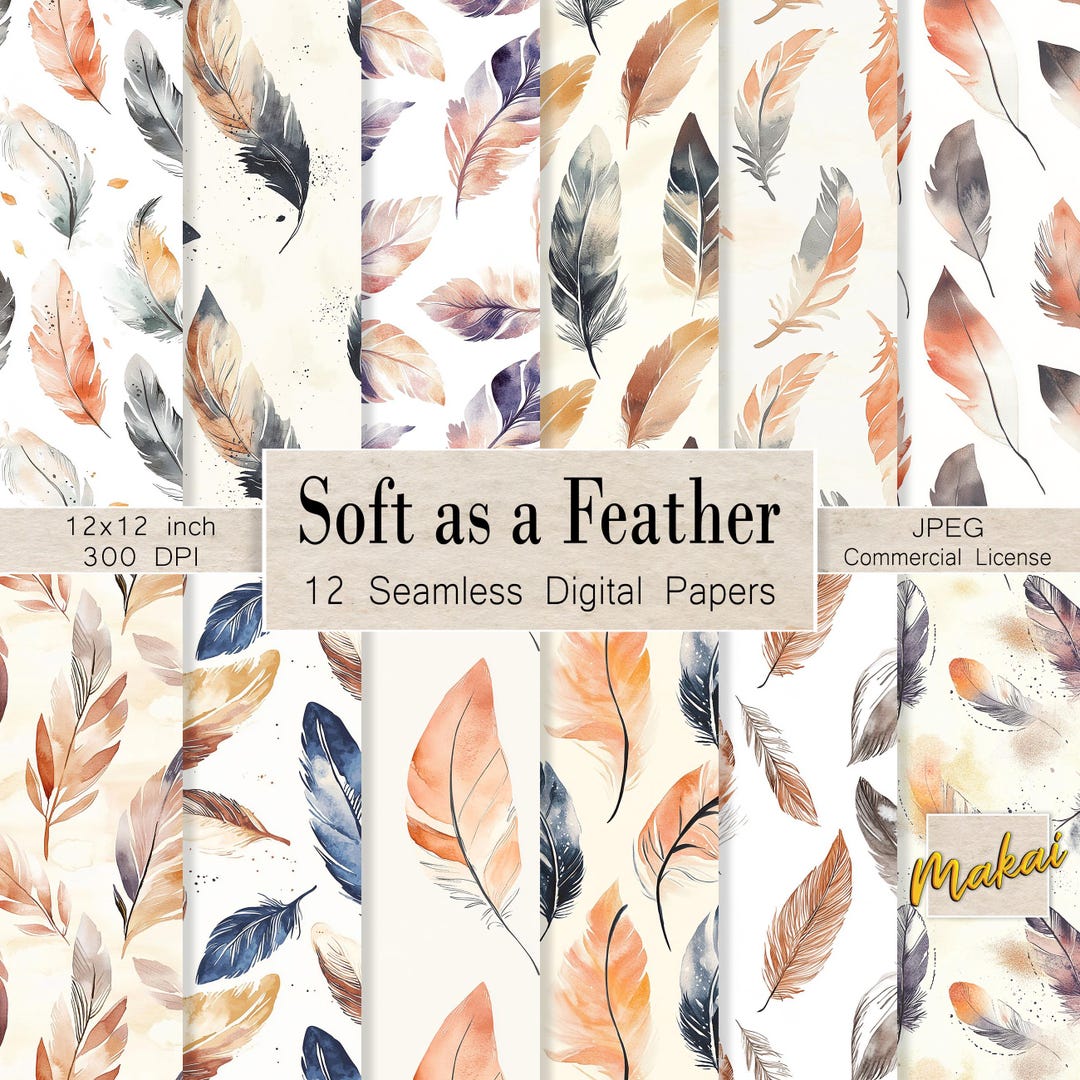 Feather Seamless Digital Paper, Boho Watercolor Feather Pattern ...