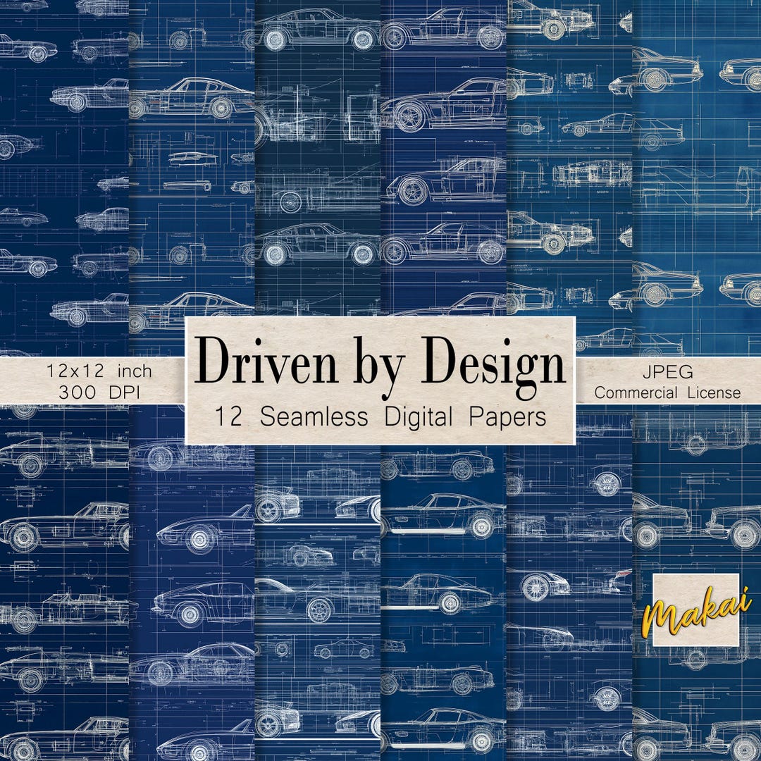 12 Classic Car Blueprint Pattern: Auto Seamless Digital Papers ...