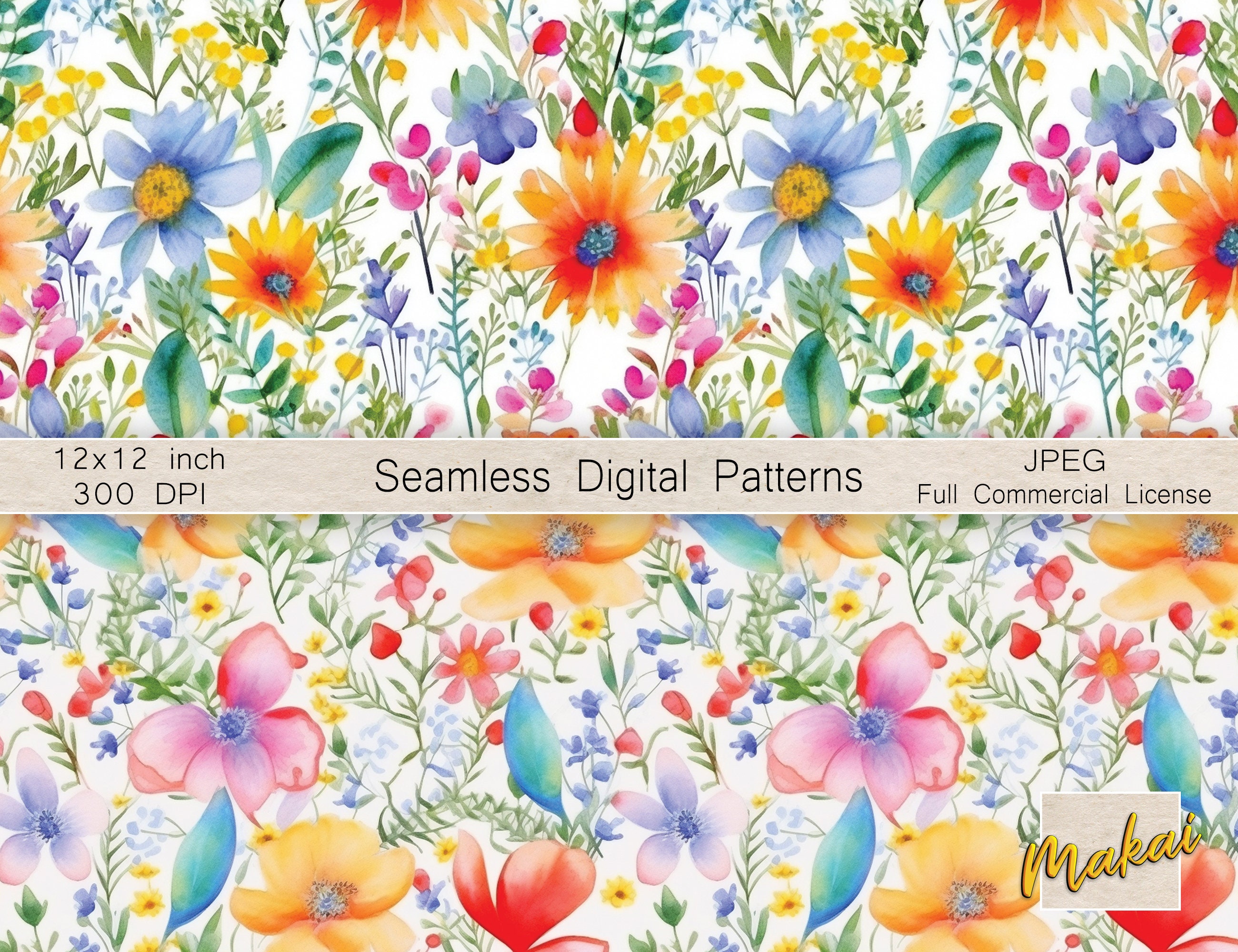 12 Seamless Digital Papers, Watercolor Summer Floral Patterns, Use for Cards, Invitations ...