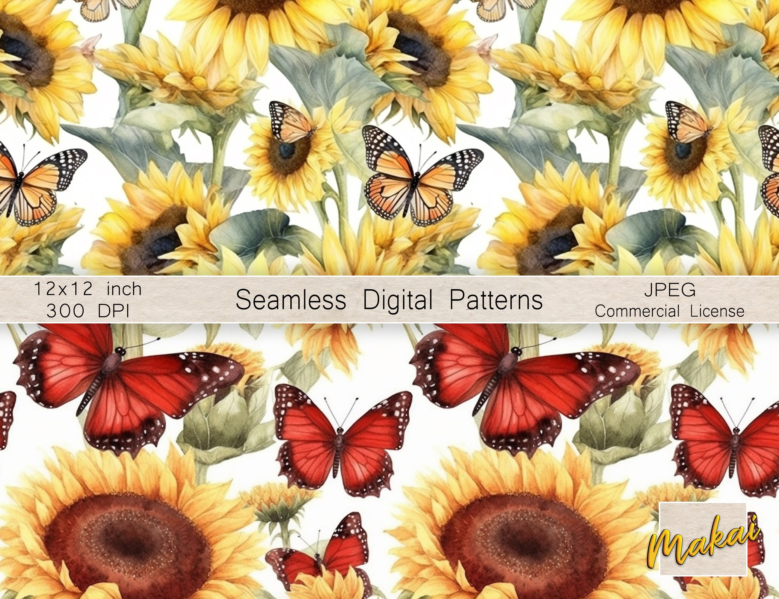 12 Seamless Digital Papers, Summer Sunflower Bouquets With Butterflies ...