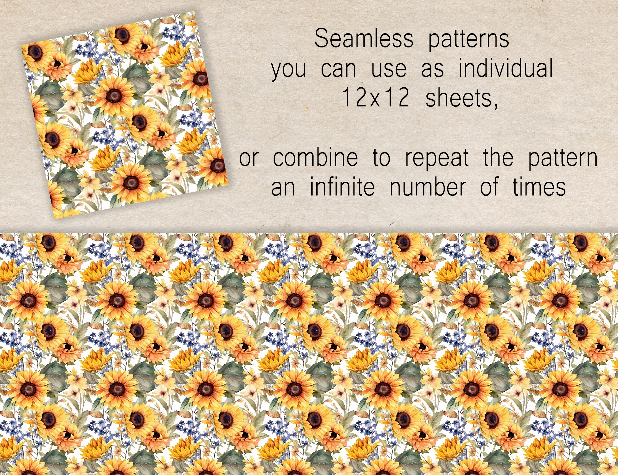12 Seamless Digital Papers, Summer Sunflower Bouquets With Butterflies ...