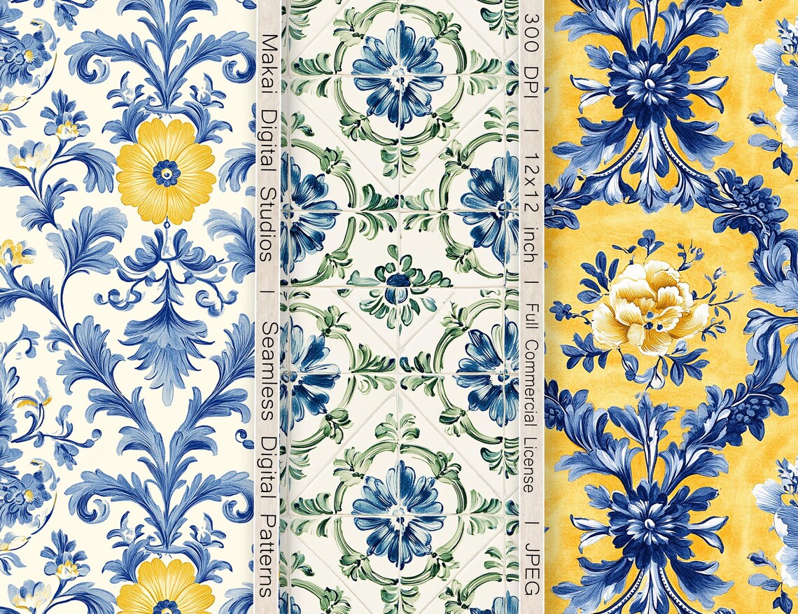 12 Porcelain Seamless Digital Paper, Blue and White Floral Pattern ...