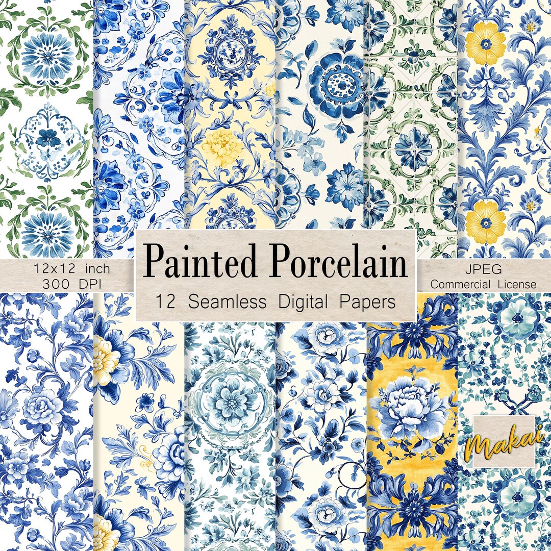 12 Porcelain Seamless Digital Paper, Blue and White Floral Pattern ...