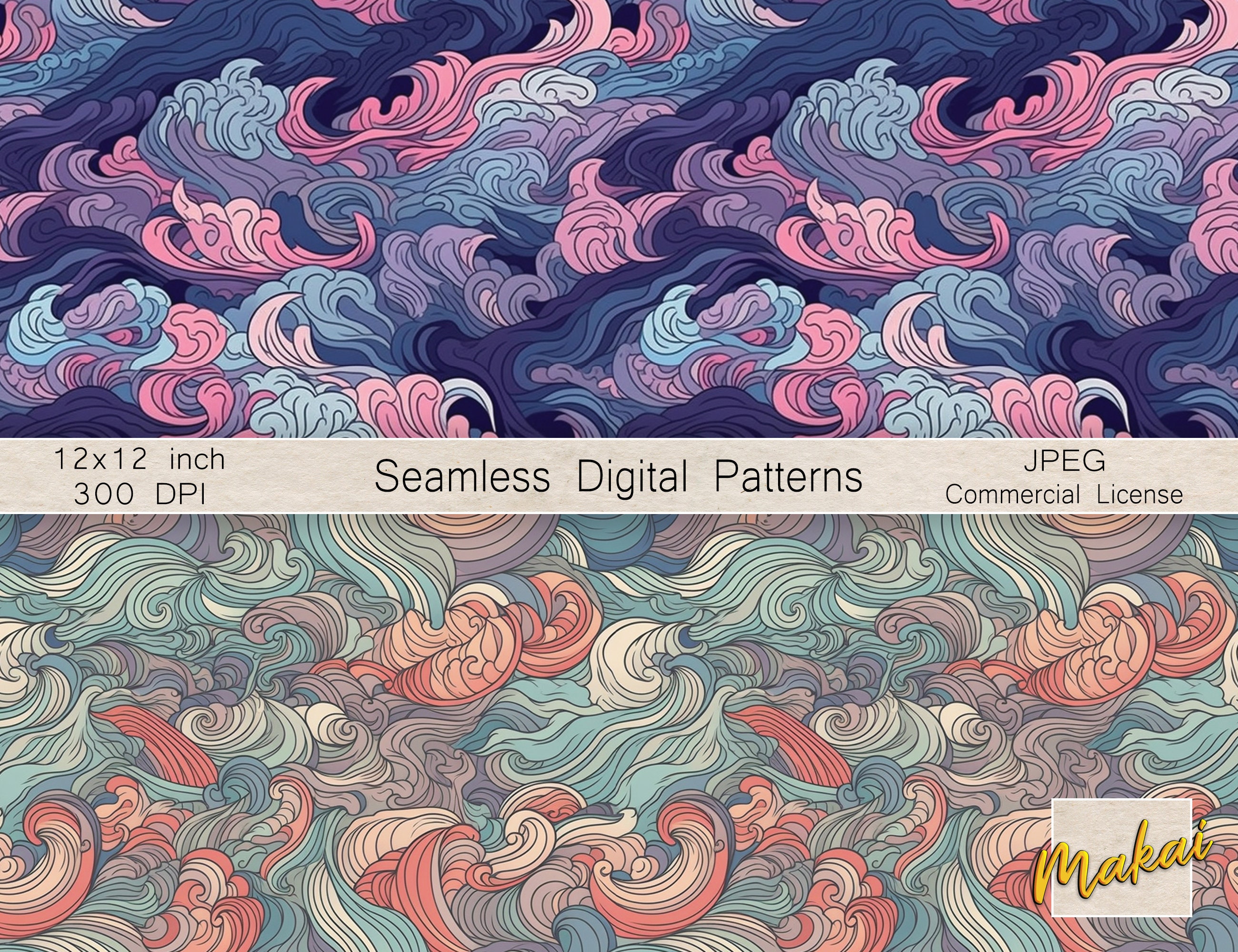 12 Seamless Digital Patterns, Summer Illustrated Ocean Wave Patterns ...
