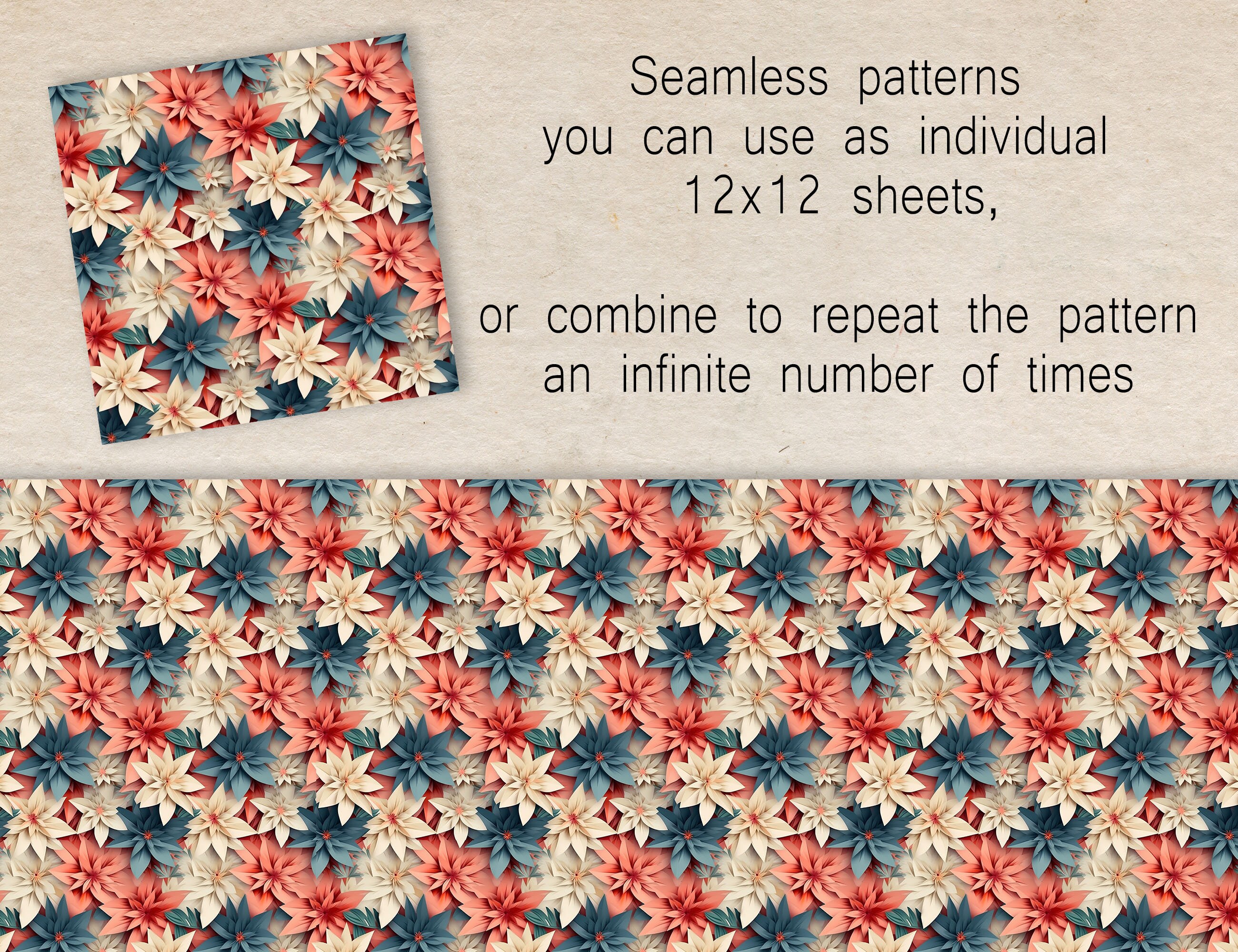 12 Seamless Digital Papers, 3d Paper Craft Summer Flowers, Use for ...
