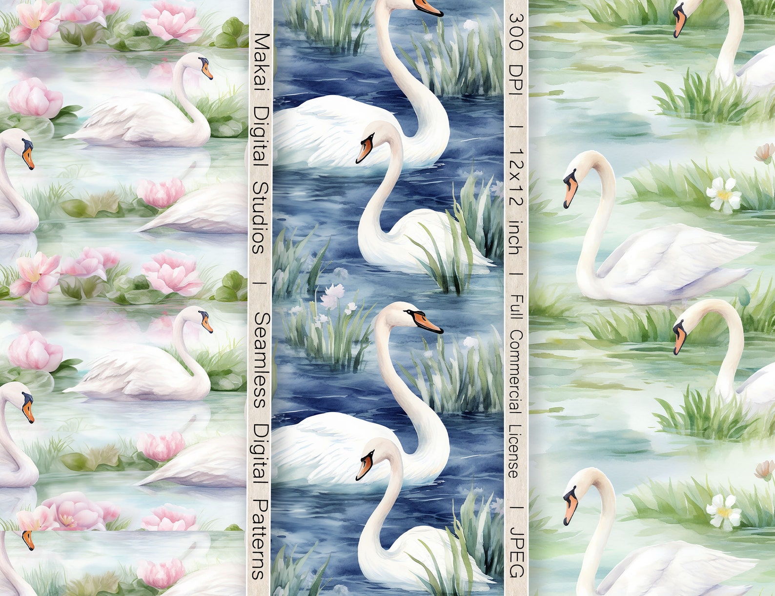 12 Digital Seamless Patterns, Watercolor Swans Repeating Background ...