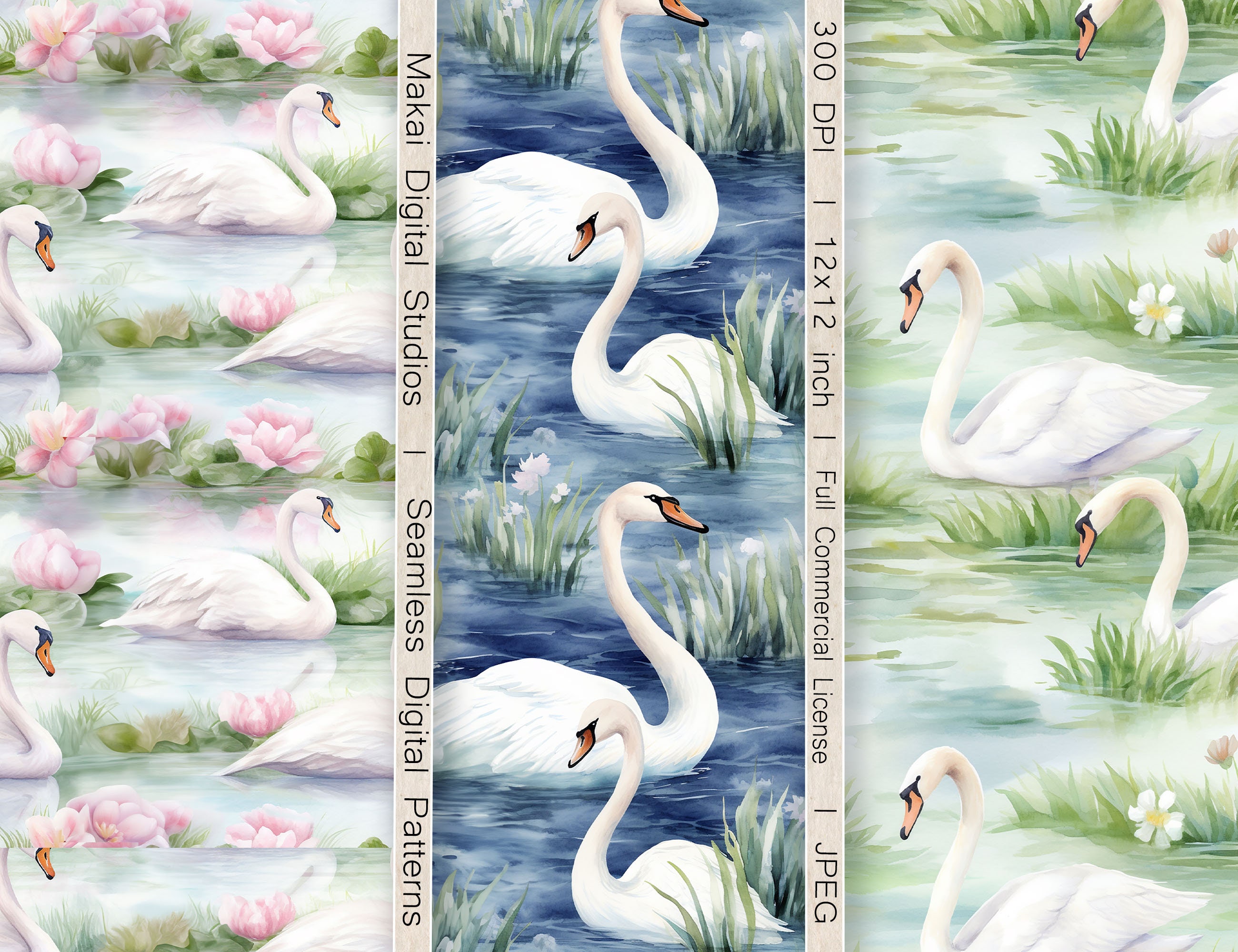 12 Digital Seamless Patterns, Watercolor Swans Repeating Background ...