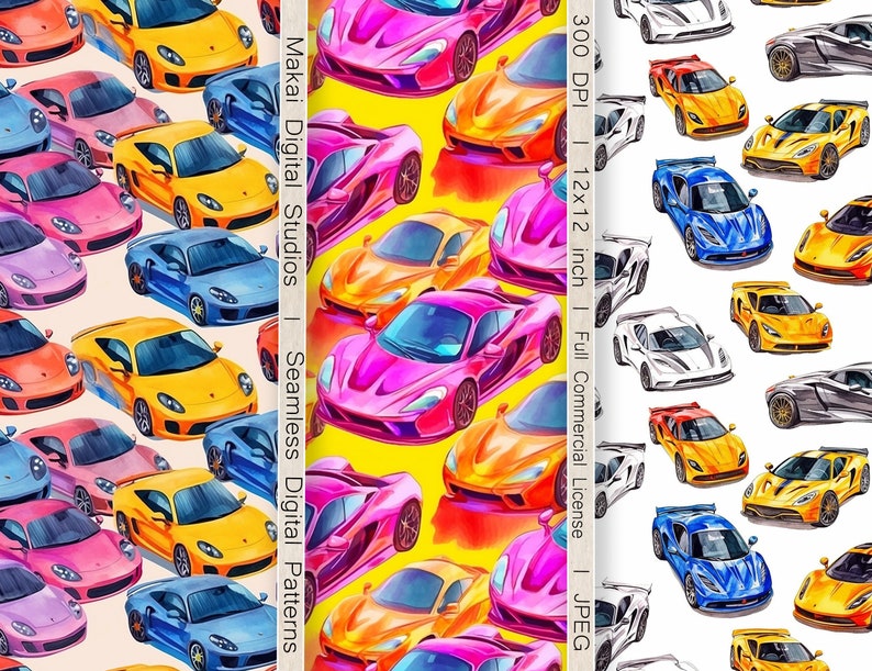 12 Seamless Digital Patterns, Super Sports Cars, Use for Invitations ...