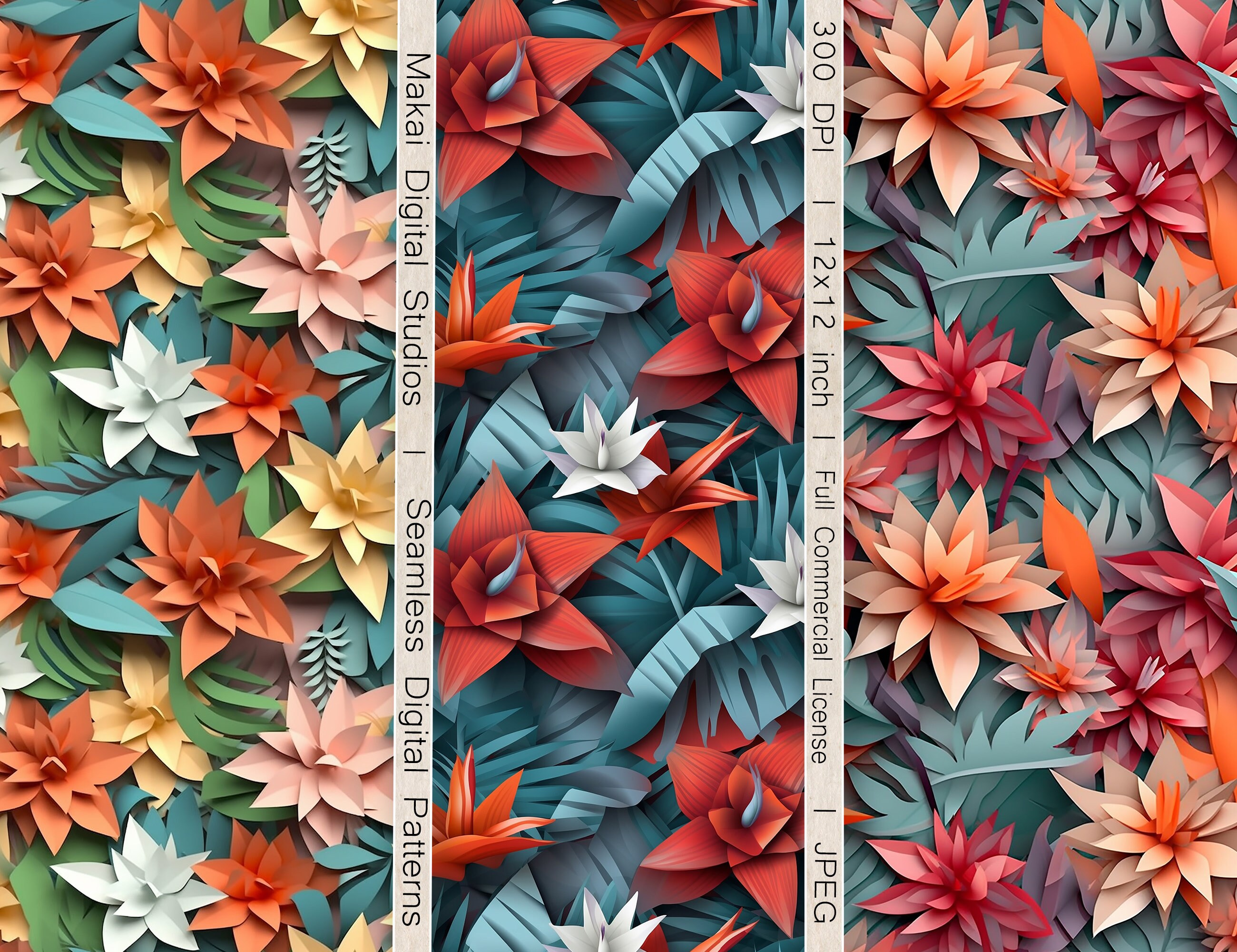 12 Seamless Digital Papers 3d Paper Craft Summer Flowers Use - Etsy