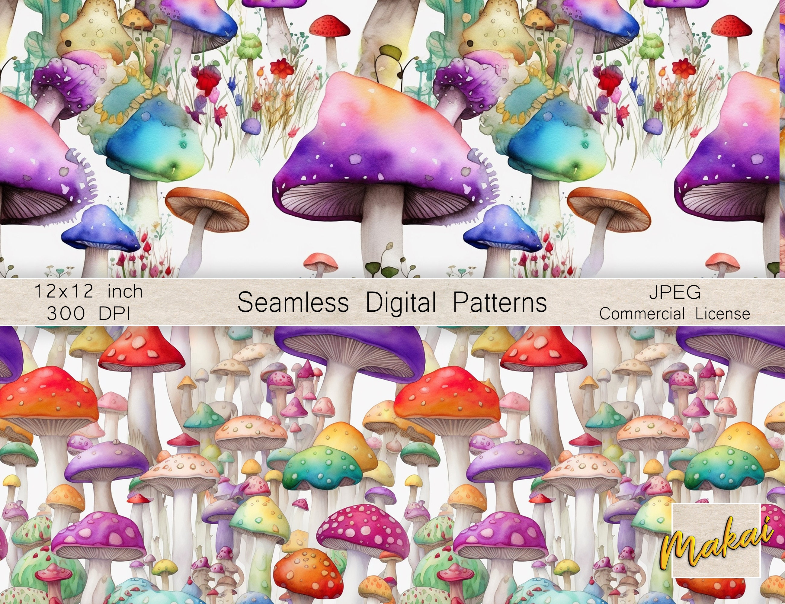 12 Seamless Digital Papers, Fantasy Mushrooms, Use for Cards ...