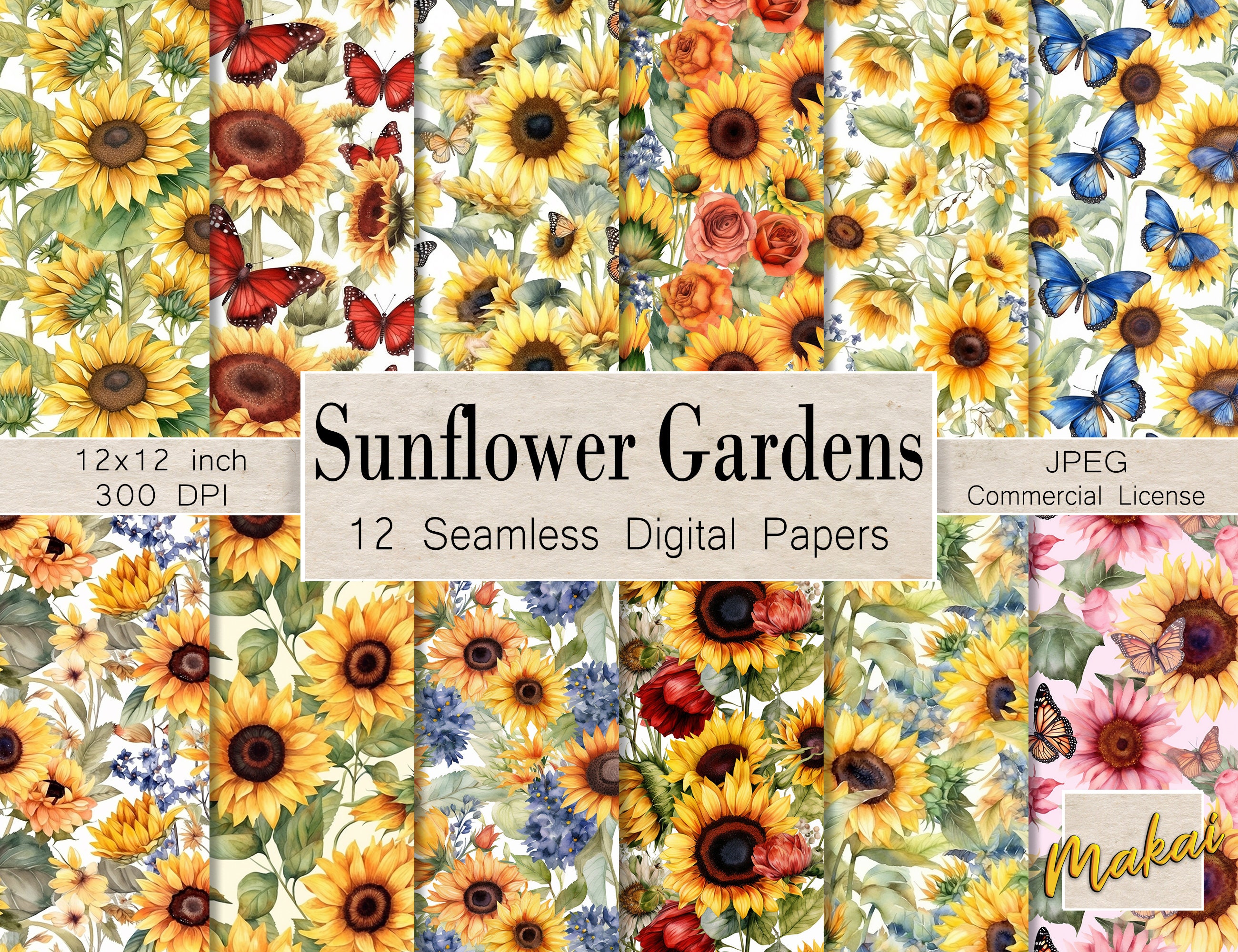 12 Seamless Digital Papers, Summer Sunflower Bouquets With Butterflies ...