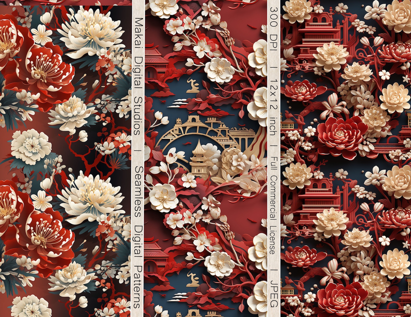 12 Seamless Digital Patterns, 3D CNY Chinese Flower Carvings, Use for ...