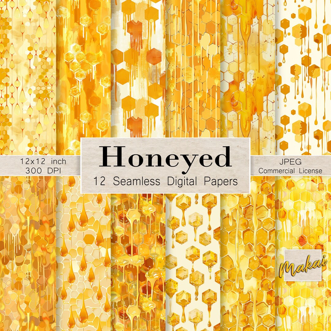 12 Digital Seamless Patterns, Illustrated Honeycomb and Honey, Use for ...