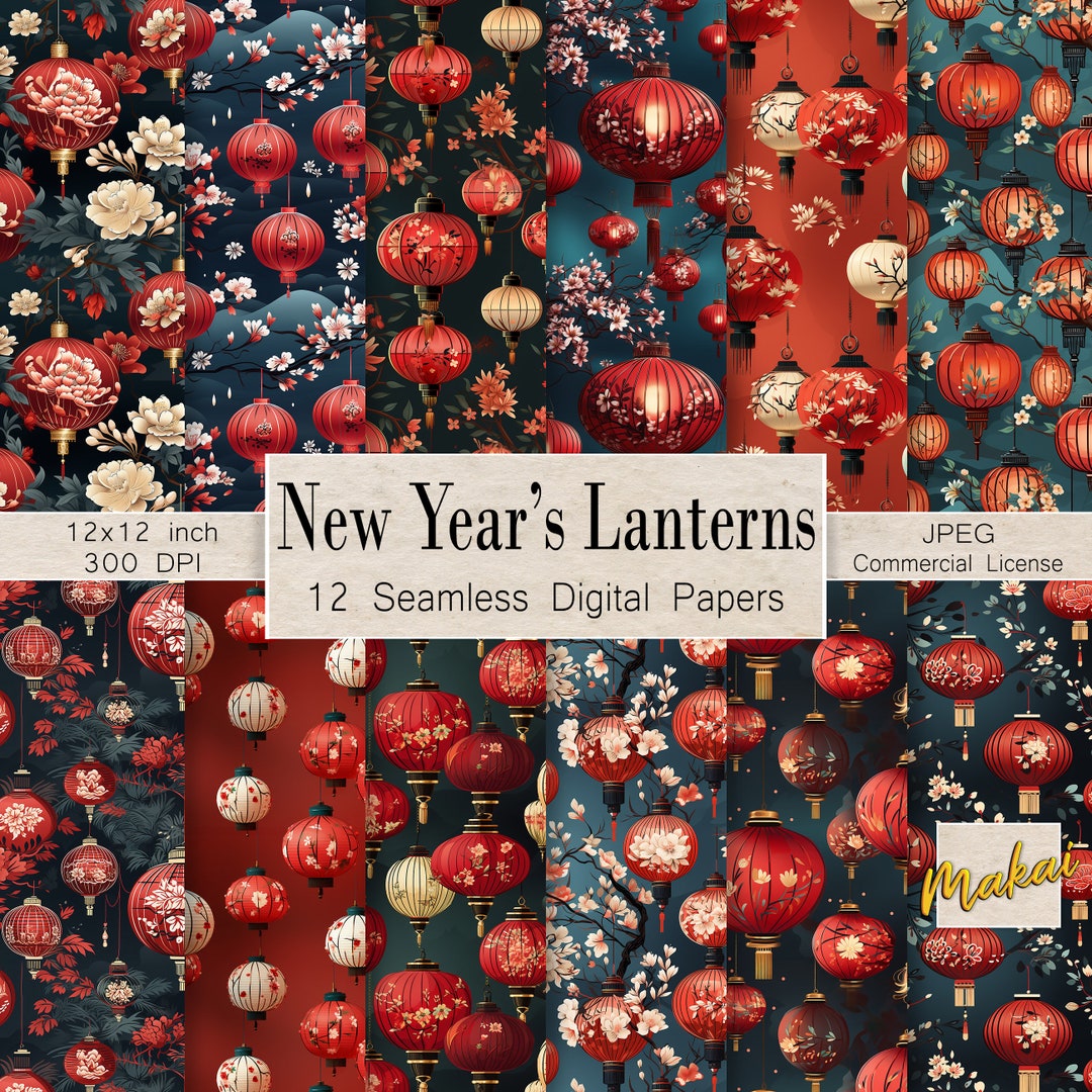 12 Seamless Digital Patterns, Chinese New Year Lanterns, Use for Cards ...