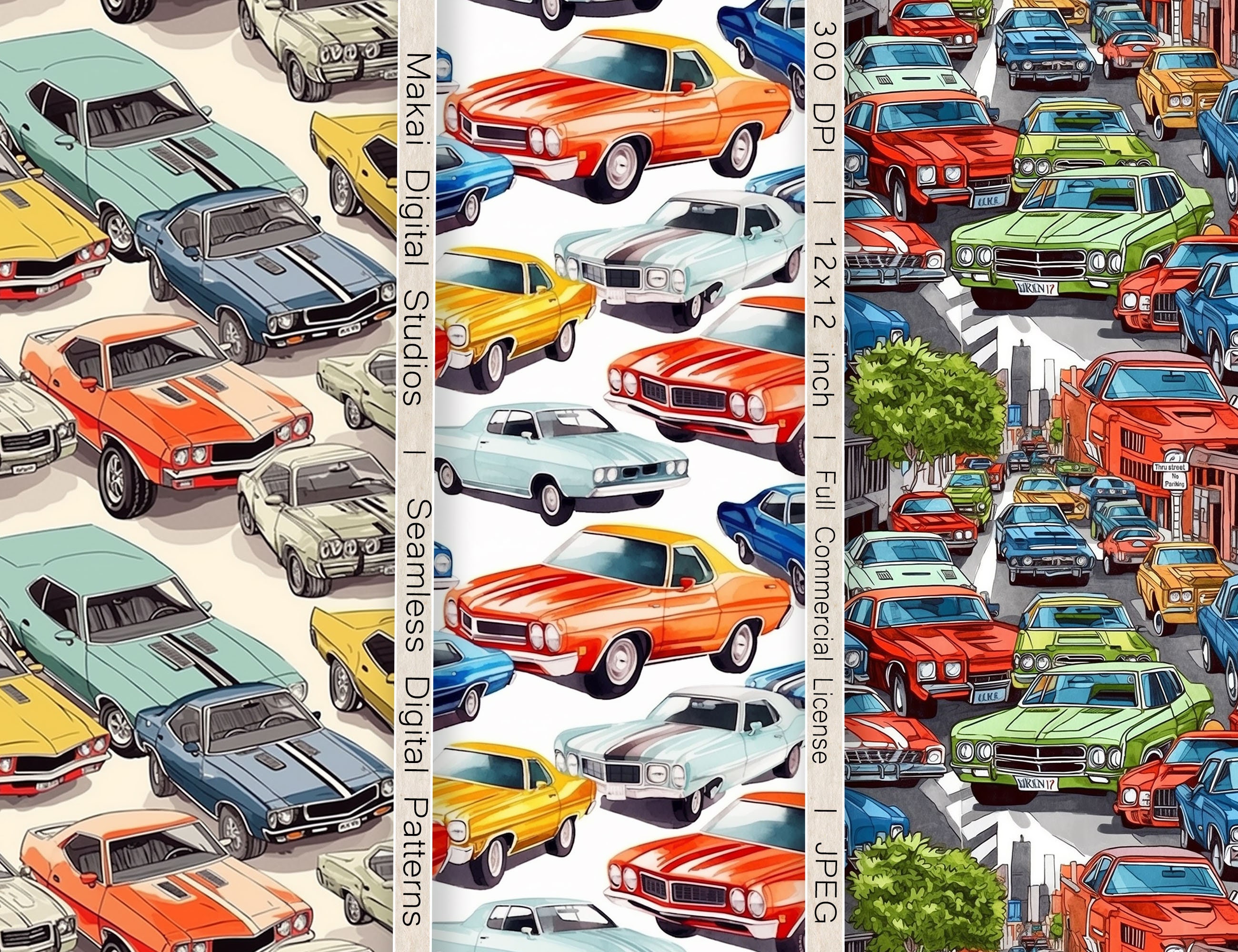 12 Seamless Digital Patterns, Classic Muscle Cars Use for Invitations ...