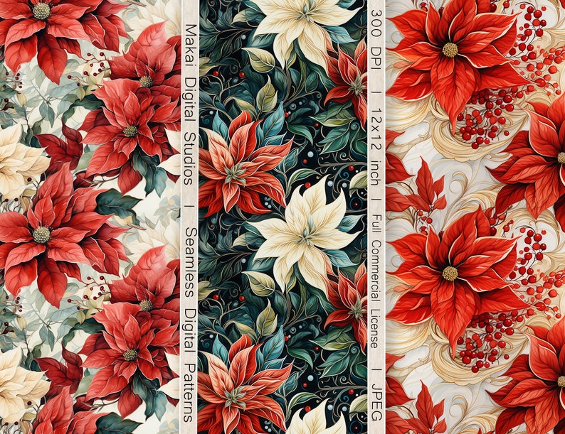 Christmas Poinsettia Seamless Designs, 12 Seamless Papers, for Fabric ...