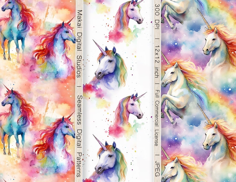 12 Seamless Digital Papers, Watercolor Rainbow Unicorns, for Journals ...