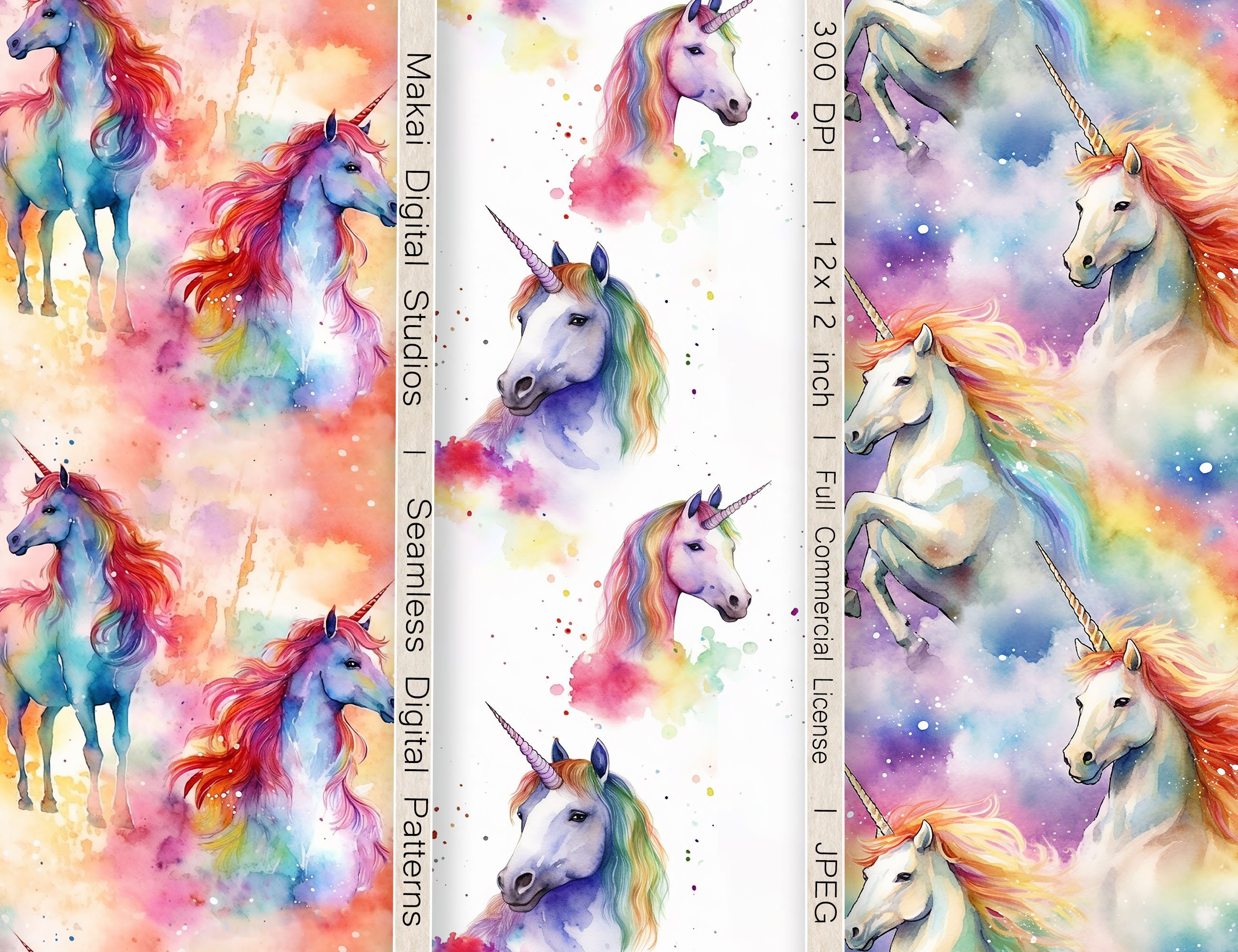 12 Seamless Digital Papers, Watercolor Rainbow Unicorns, for Journals ...