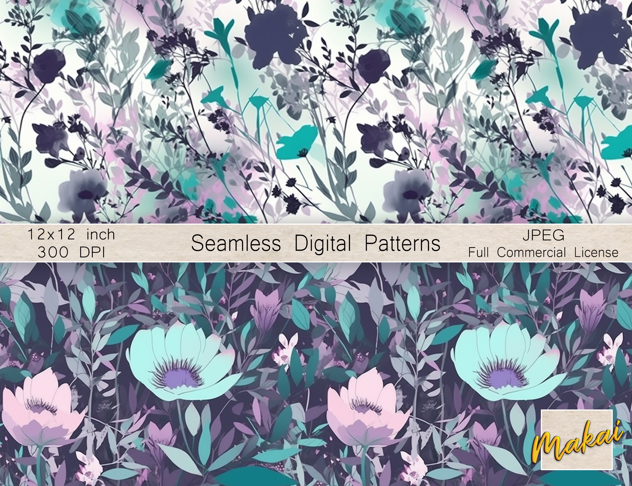 12 Seamless Digital Papers, Boho Teal and Purple Flowers, Use for Cards ...