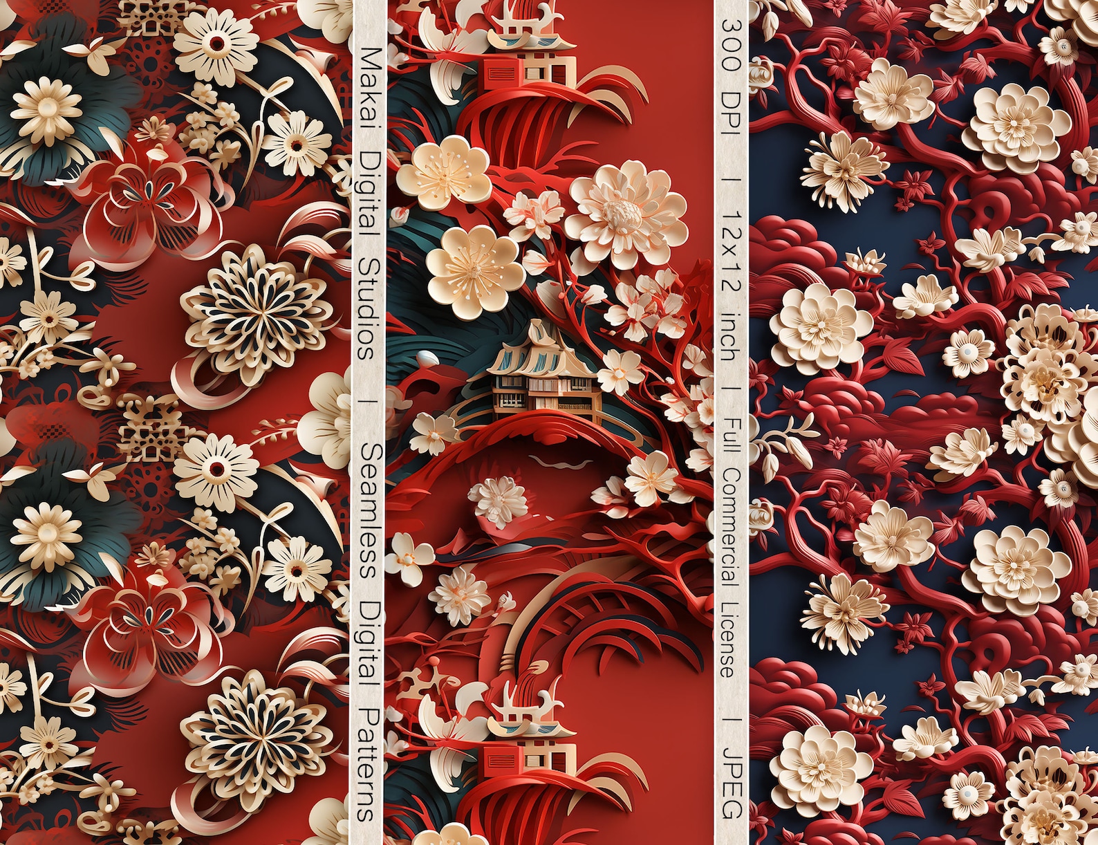 12 Seamless Digital Patterns, 3D CNY Chinese Flower Carvings, Use for ...