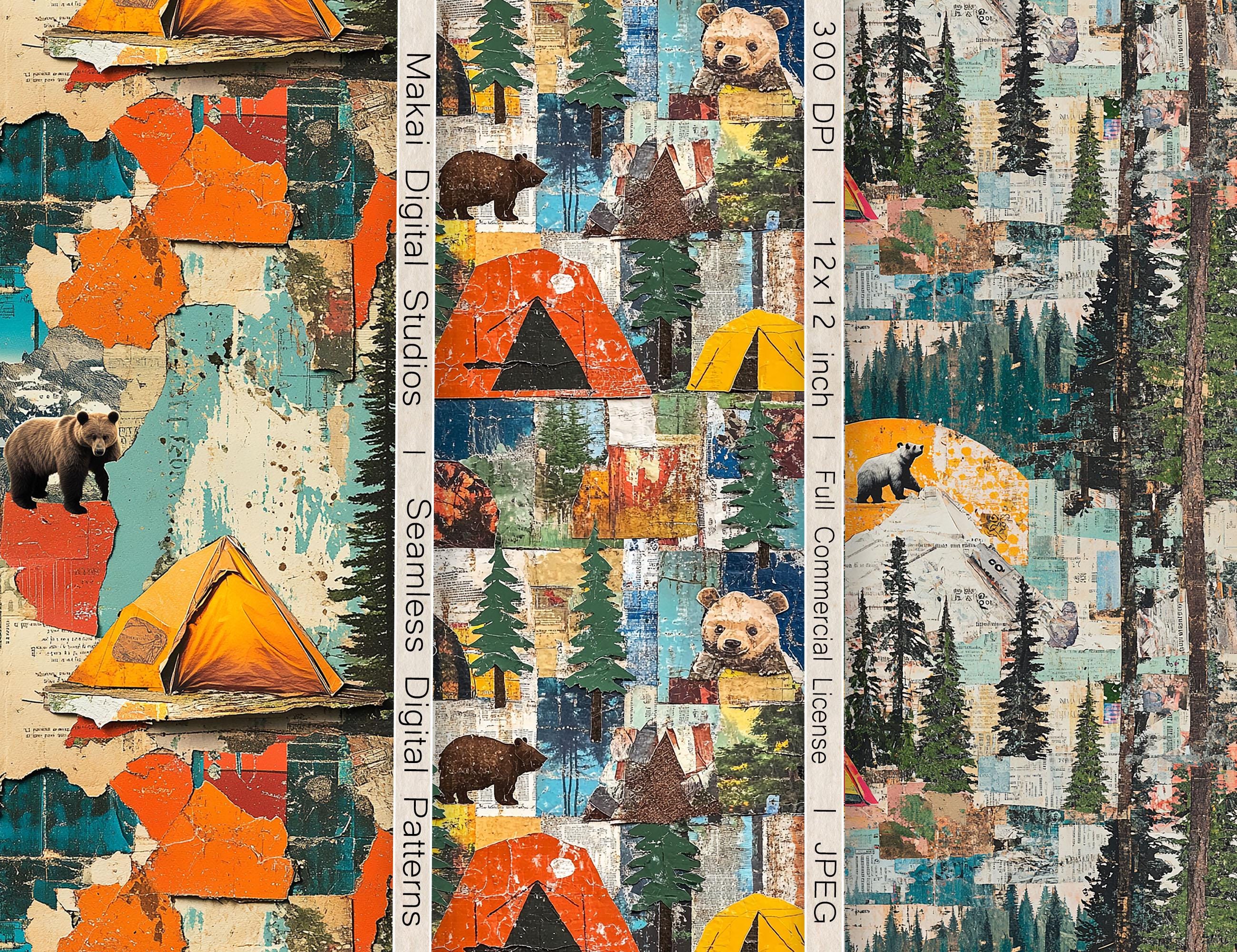 12 Camping Digital Paper, Rustic Background, Tent Camp Seamless Pattern ...