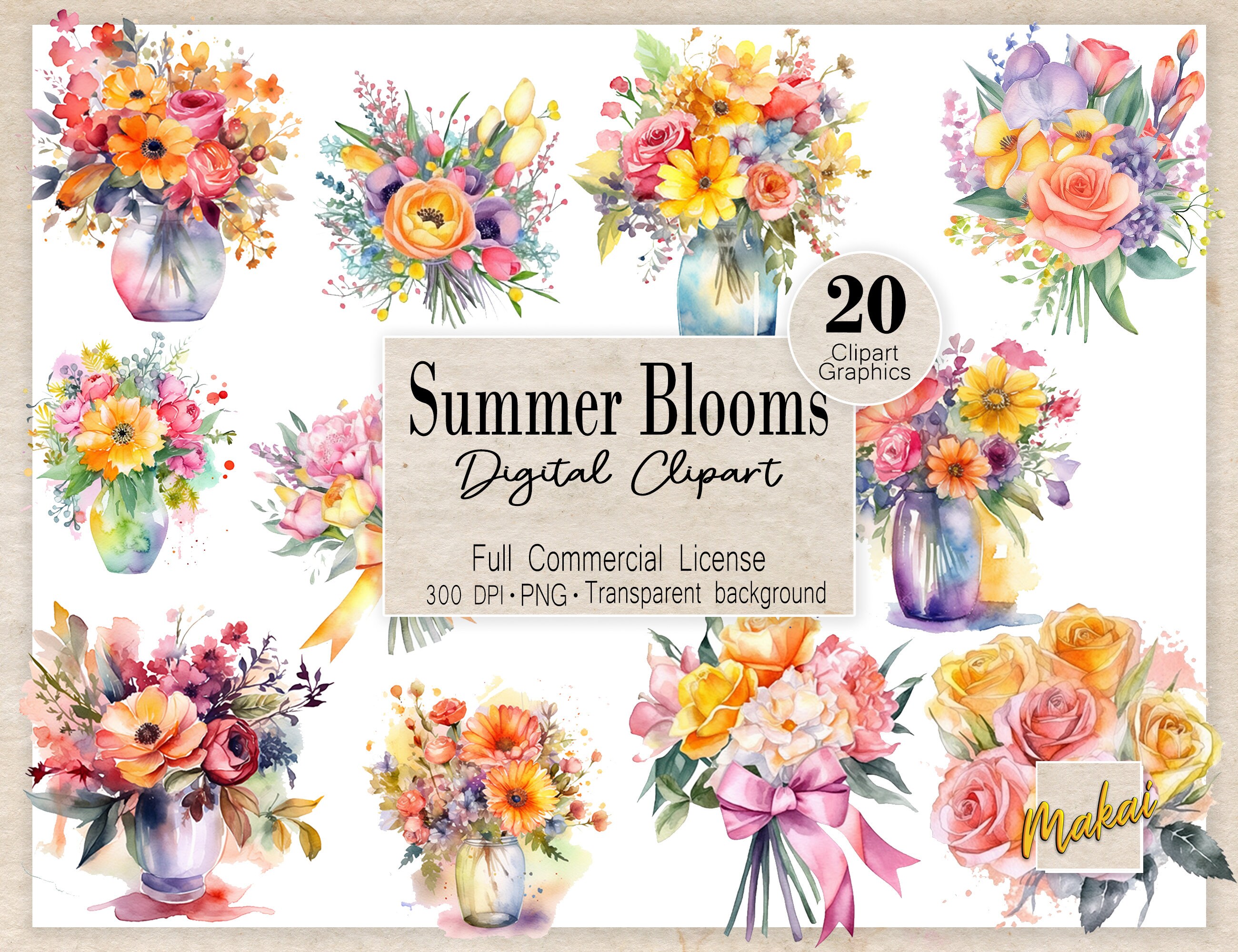 20 Clip Art Downloads, Watercolor Summer Flower Bouquets Image Files ...