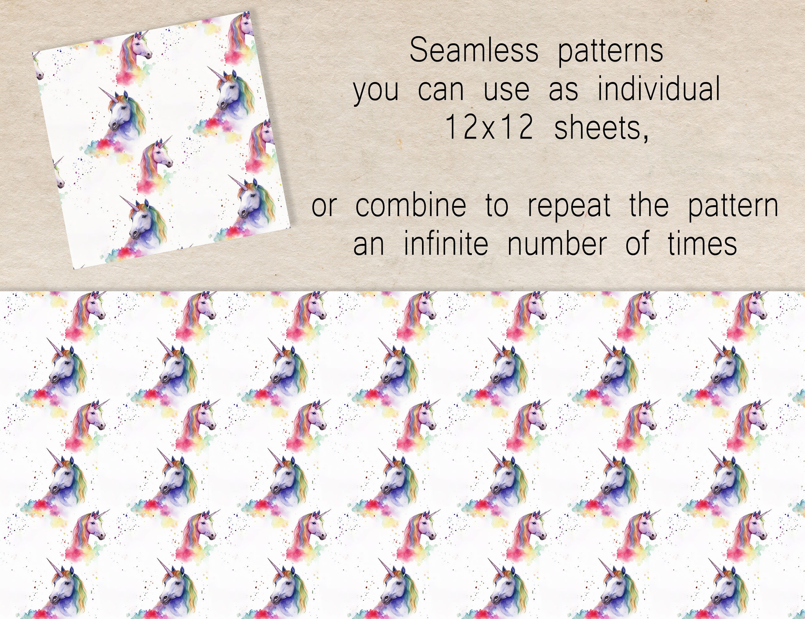 12 Seamless Digital Papers, Watercolor Rainbow Unicorns, for Journals ...